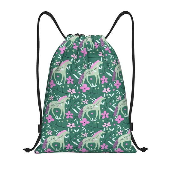 Drawstring Backpack - Abstract Cute Horse Flower Green Splash Proof ...