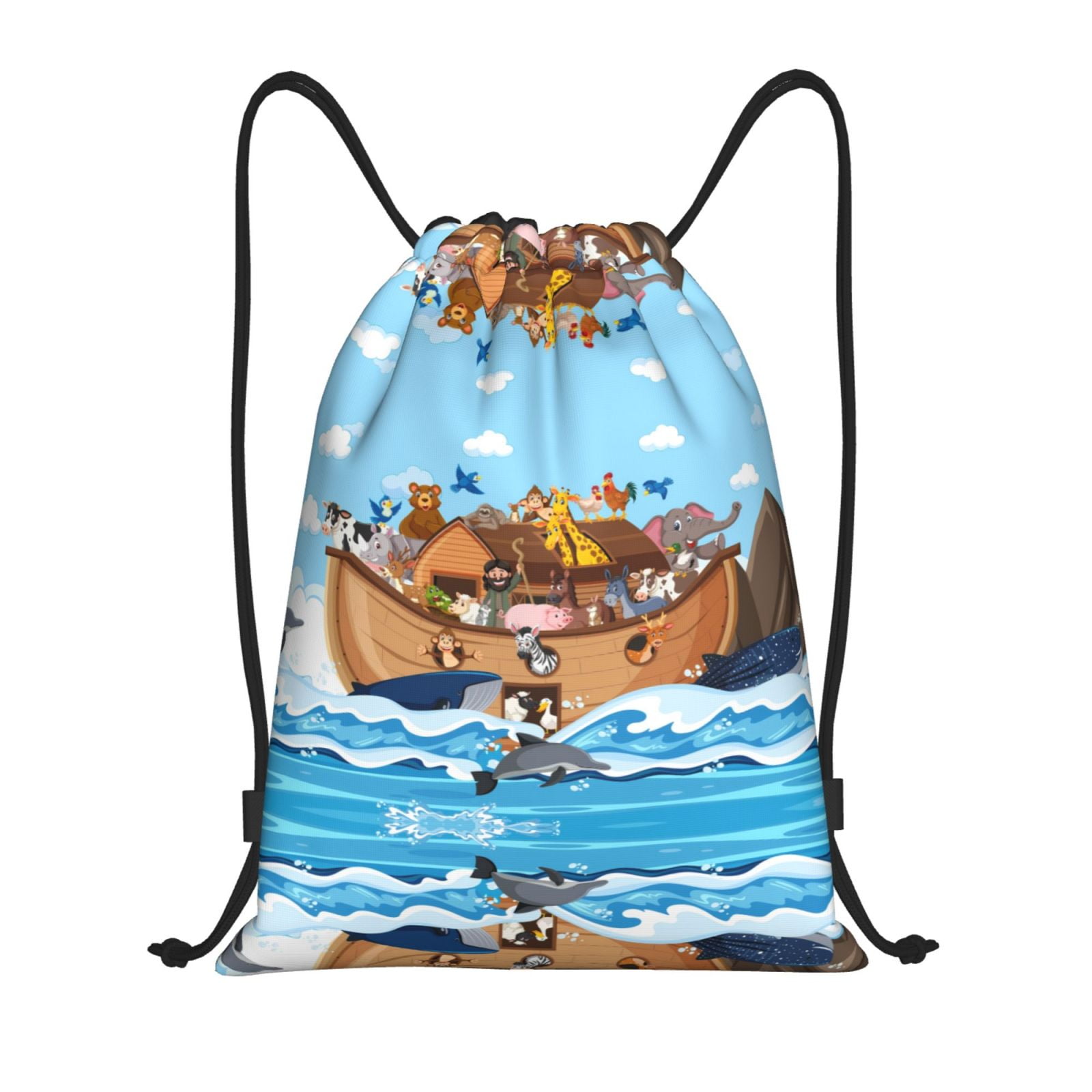 Drawstring Backpack - Animals on Noah's Ark Floating Cheer Gym Bag for ...