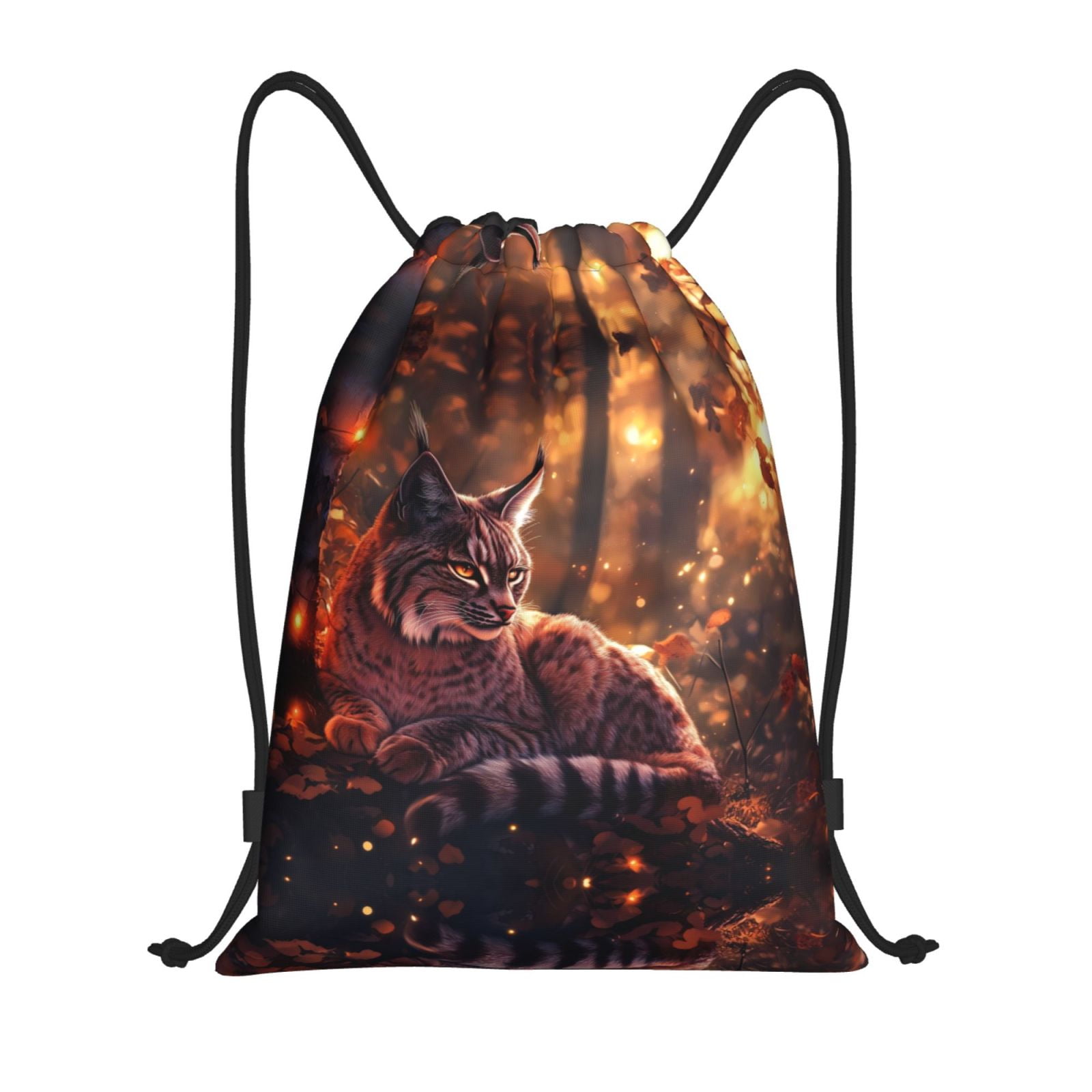 Drawstring Backpack, Autumn Bobcat Glowing Leaves Light Waterproof ...