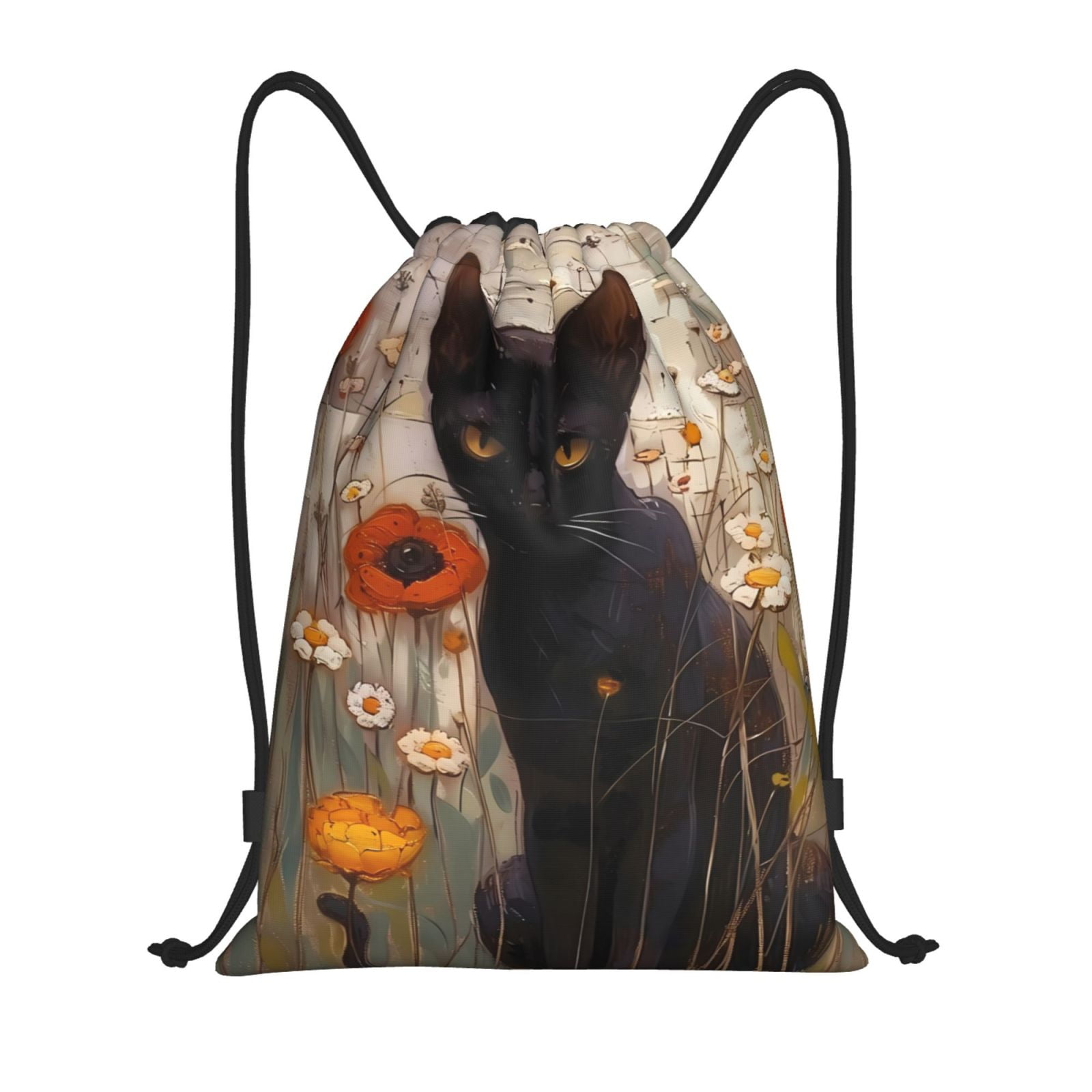 Drawstring Backpack - Black Cat in Wildflowers Cheer Gym Bag for Women Men, Drawstring Bags Draw ...