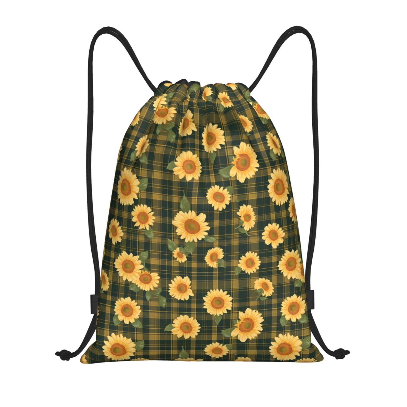 Drawstring Backpack - Black Ink Green Plaid Sunflower Splash Proof ...