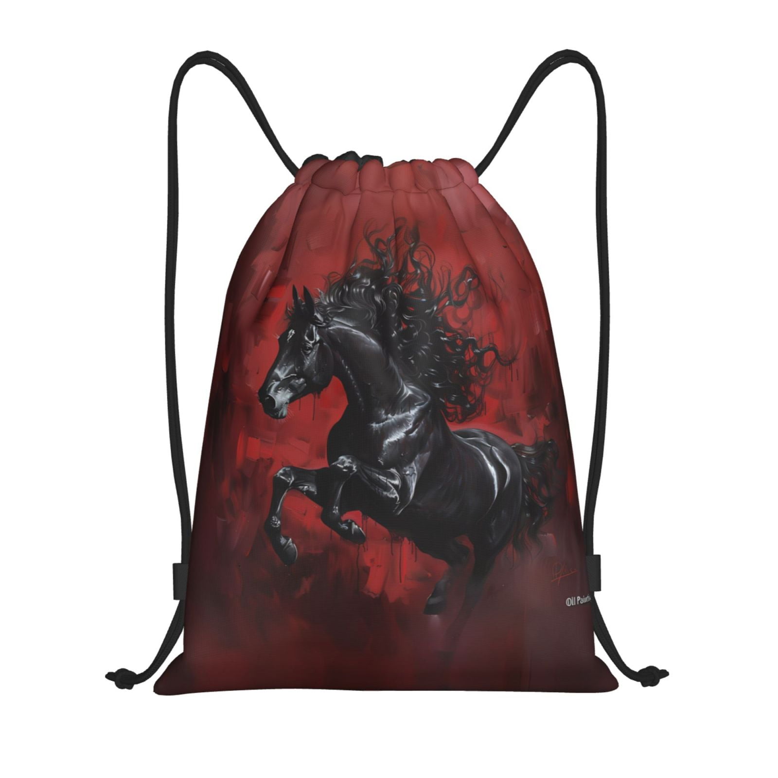 Drawstring Backpack, Black Stallion On Red Canvas Light Waterproof ...
