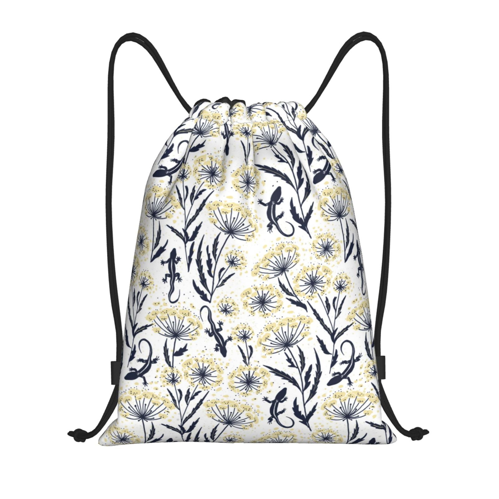 Drawstring Backpack, Black White Gecko Lizard Flower Light Waterproof ...