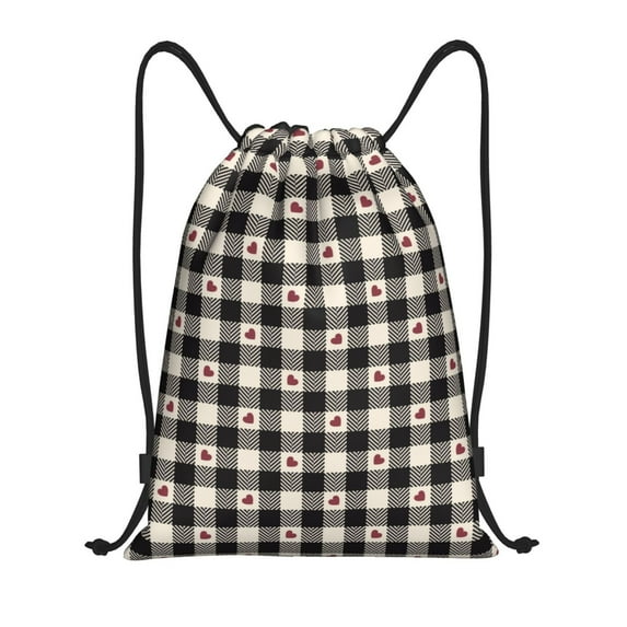 Drawstring Backpack, Black plaid heart Light Waterproof Sports Gym Bag ...