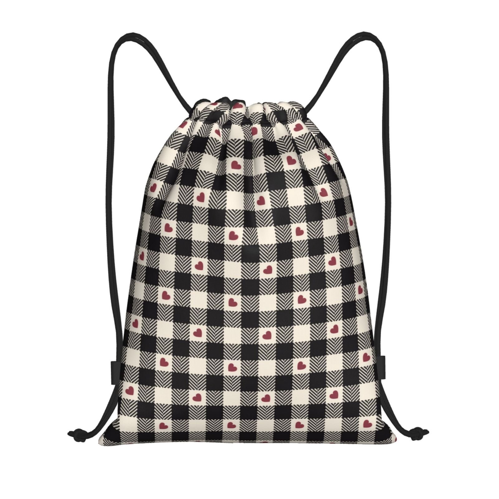 Drawstring Backpack - Black plaid heart Splash Proof Small Drawstring ...