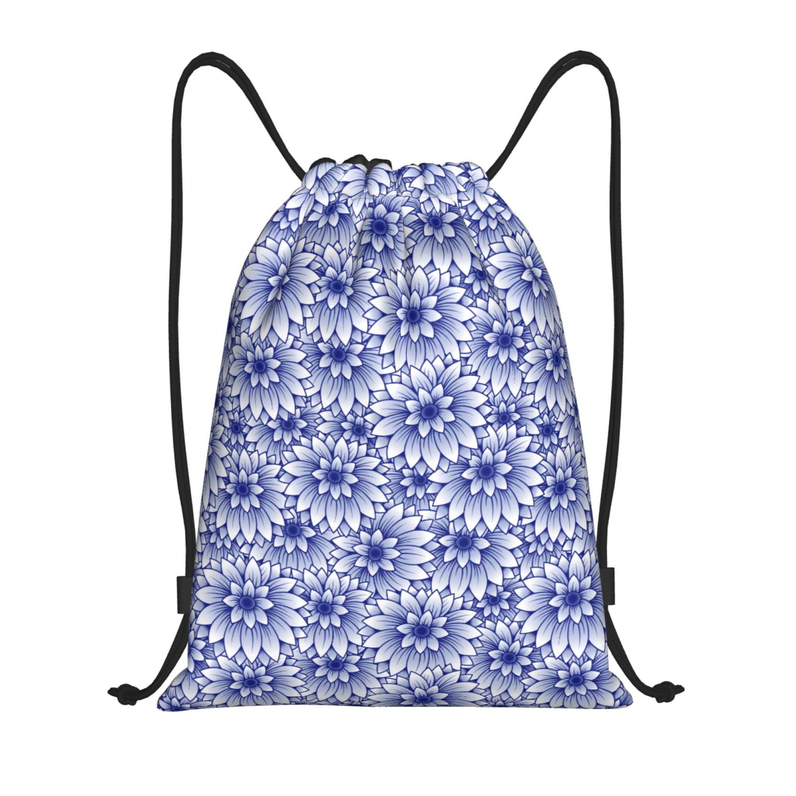 Drawstring Backpack, Blue And White Flowers Light Waterproof Sports Gym ...