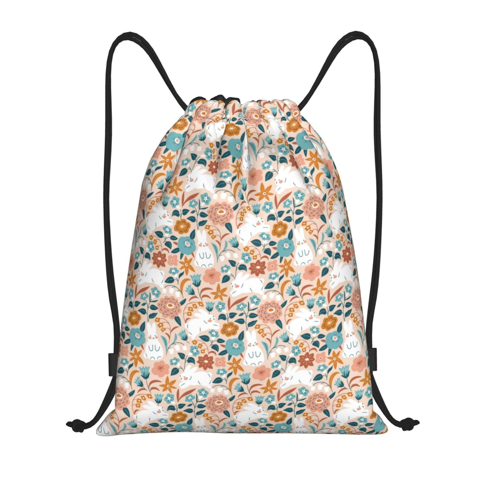 Drawstring Backpack - Bohemian Cute Rabbit Flower Pink Splash Proof ...