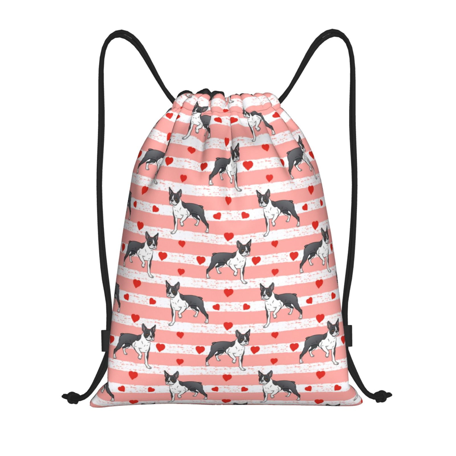 Drawstring Backpack - Boston Terrier hearts pink stripe Splash Proof ...