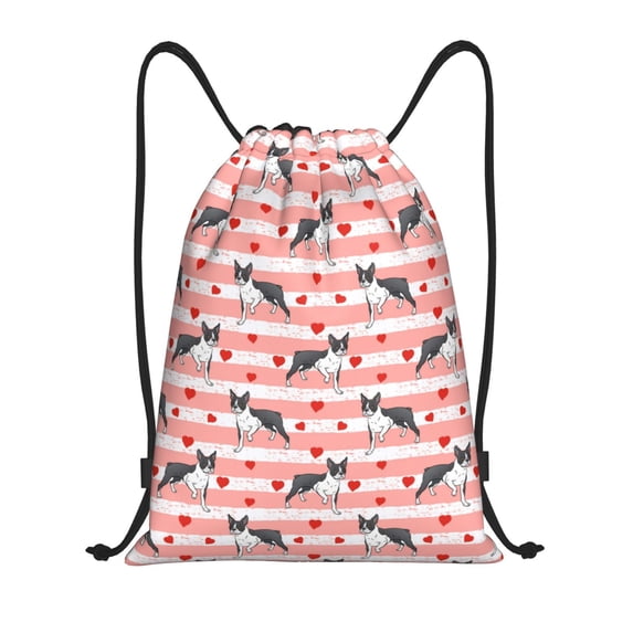 Drawstring Backpack - Boston Terrier hearts pink stripe Splash Proof ...