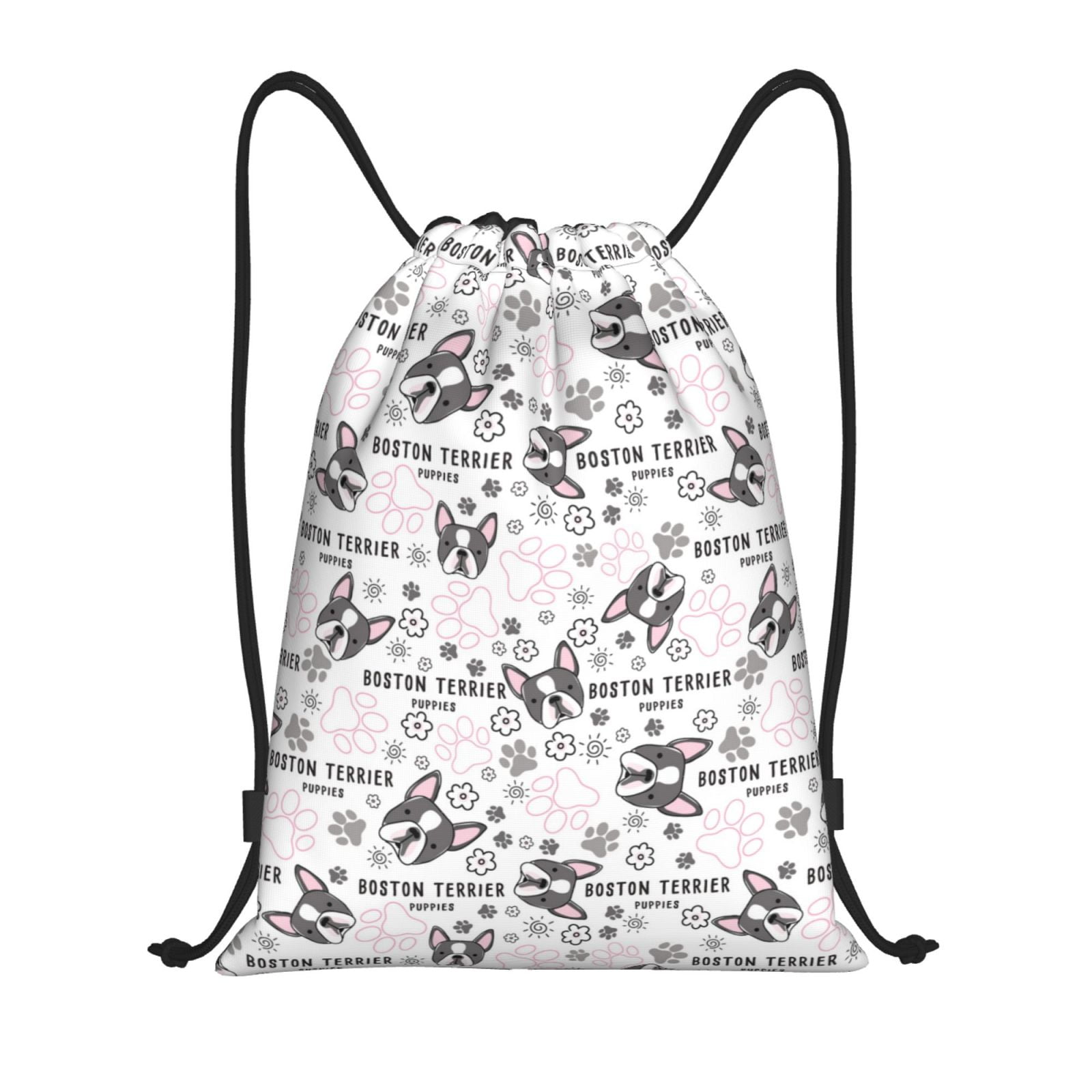 Drawstring Backpack - Boston Terrier puppies pink paw Cheer Gym Bag for ...