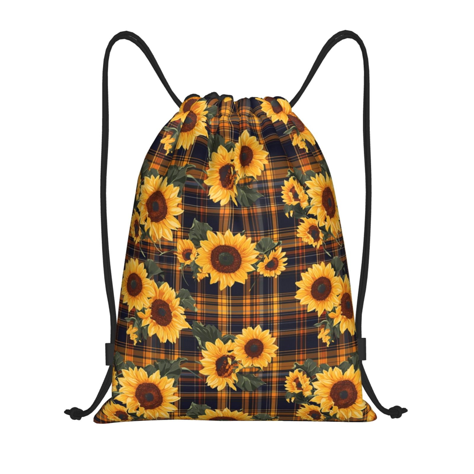 Drawstring Backpack, Brown Blue Plaid Sunflower Light Waterproof Sports ...