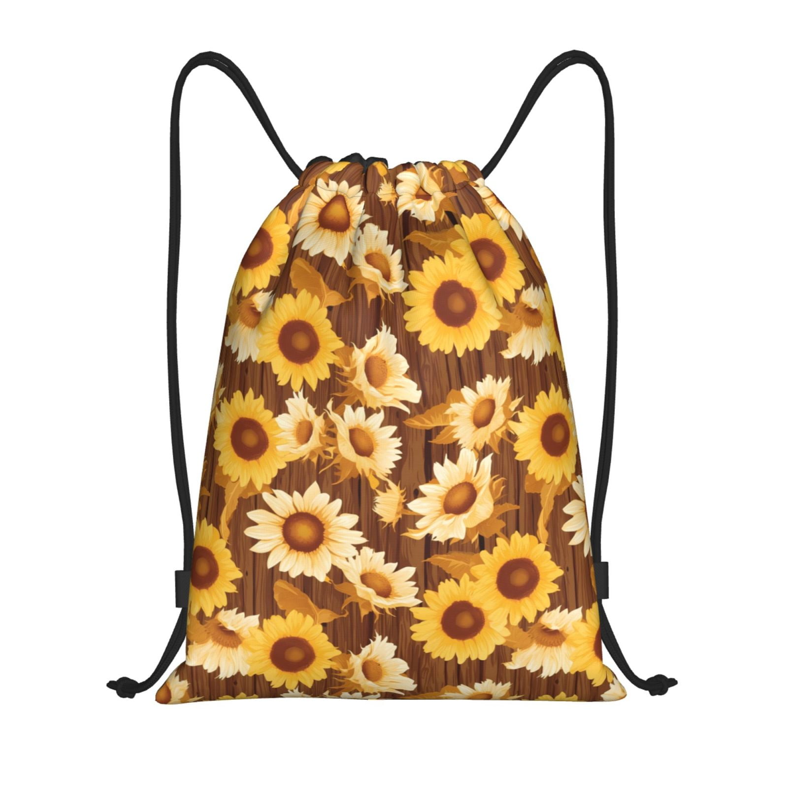 Drawstring Backpack - Brown Wood Grain Sunflower B Splash Proof Small ...