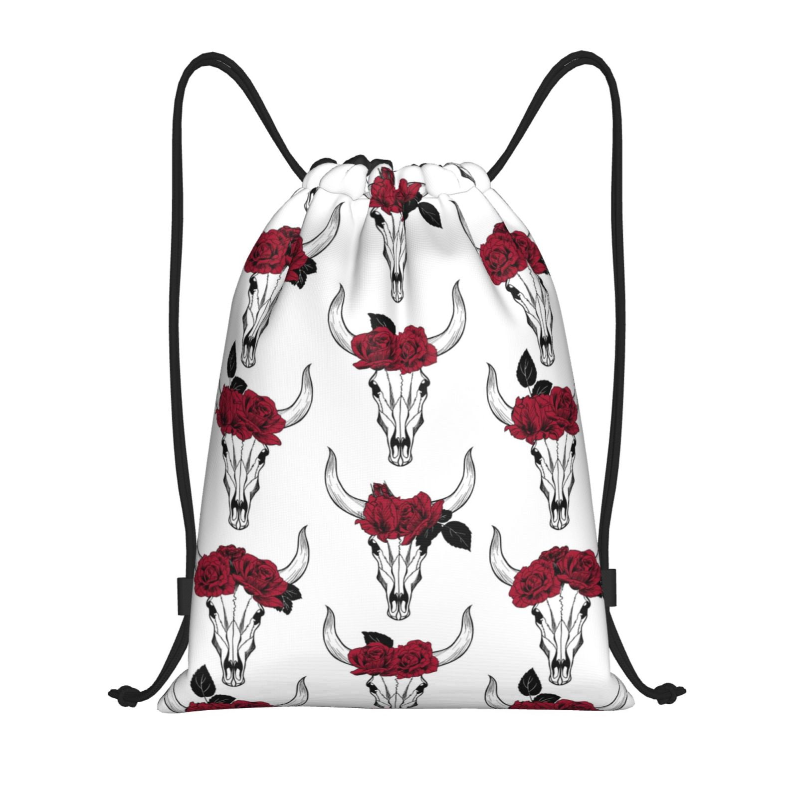 Drawstring Backpack - Bull skull rose white cool Cheer Gym Bag for ...
