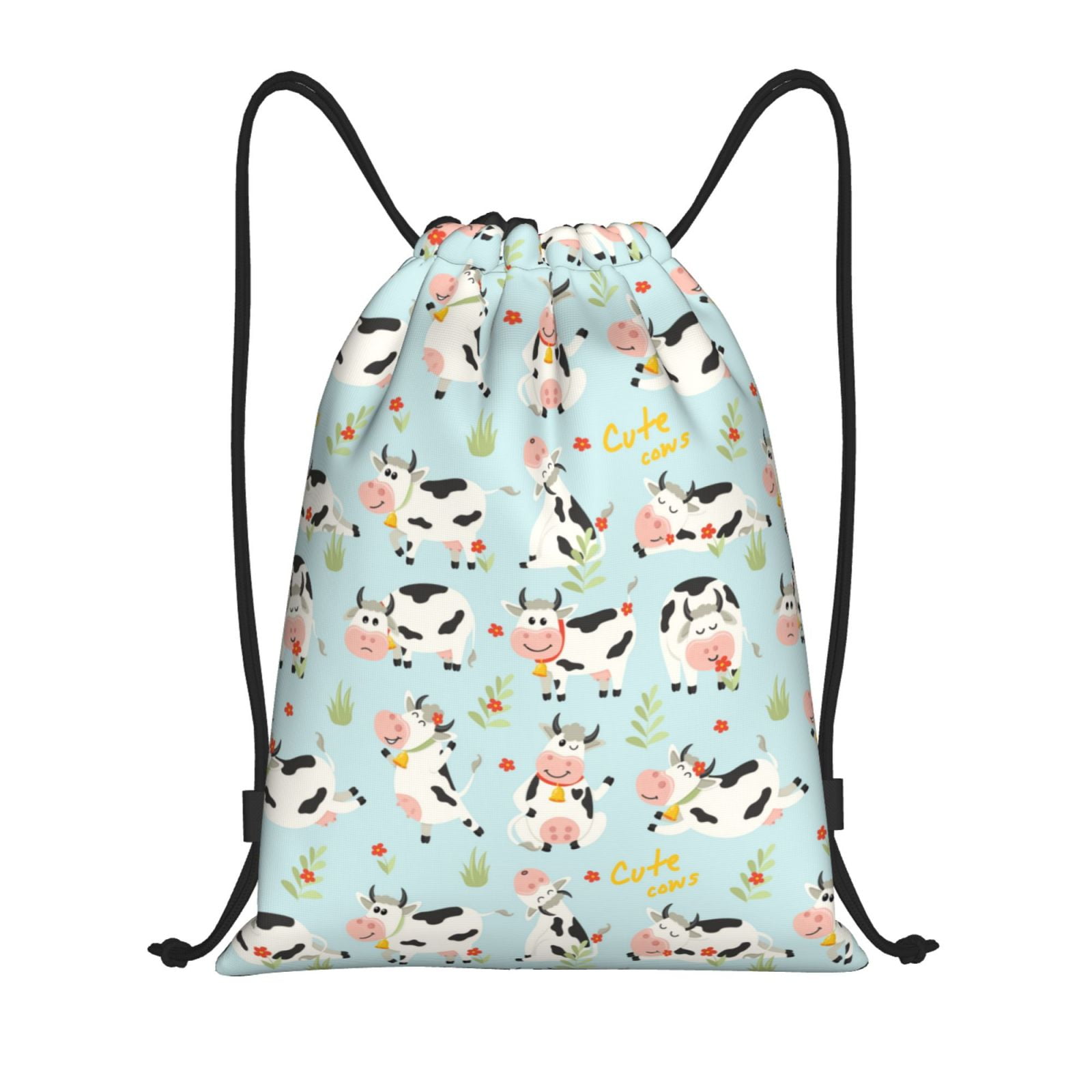 Drawstring Backpack - Cartoon Funny Cute Cow Flower Cheer Gym Bag for ...