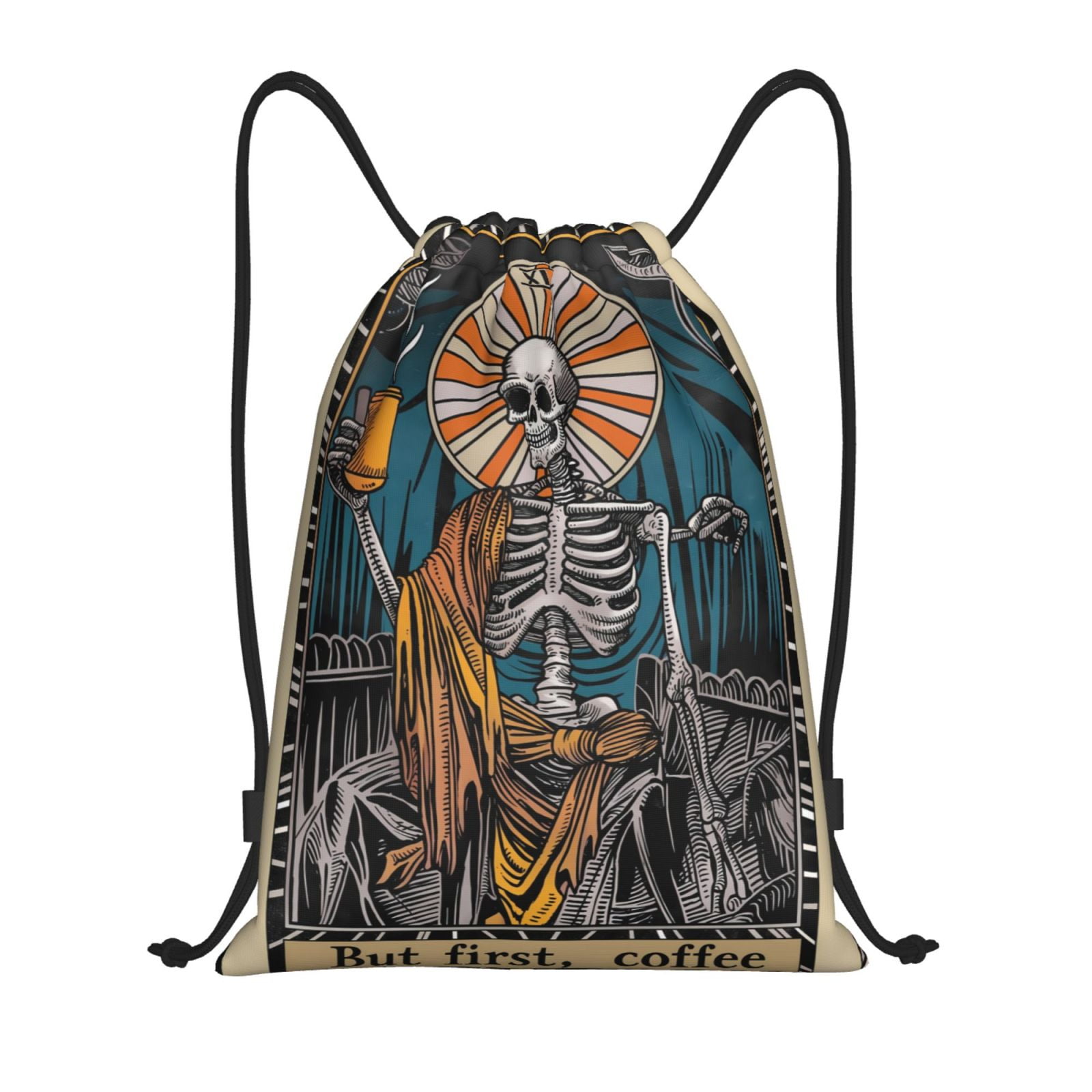 Drawstring Backpack - Coffee-Drinking Skull Splash Proof Small ...