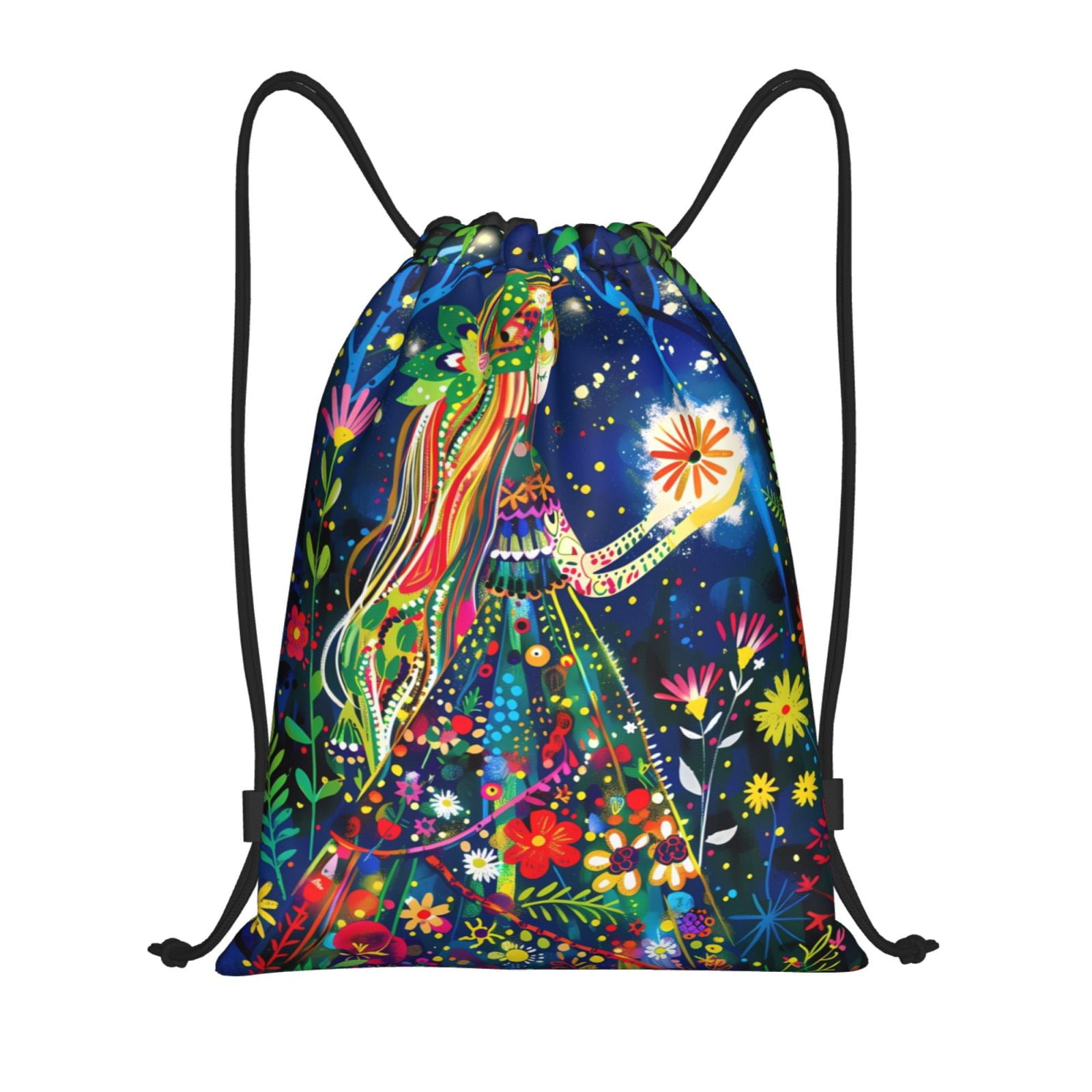 Drawstring Backpack - Colorful Floral Forest Fairy Splash Proof Small ...
