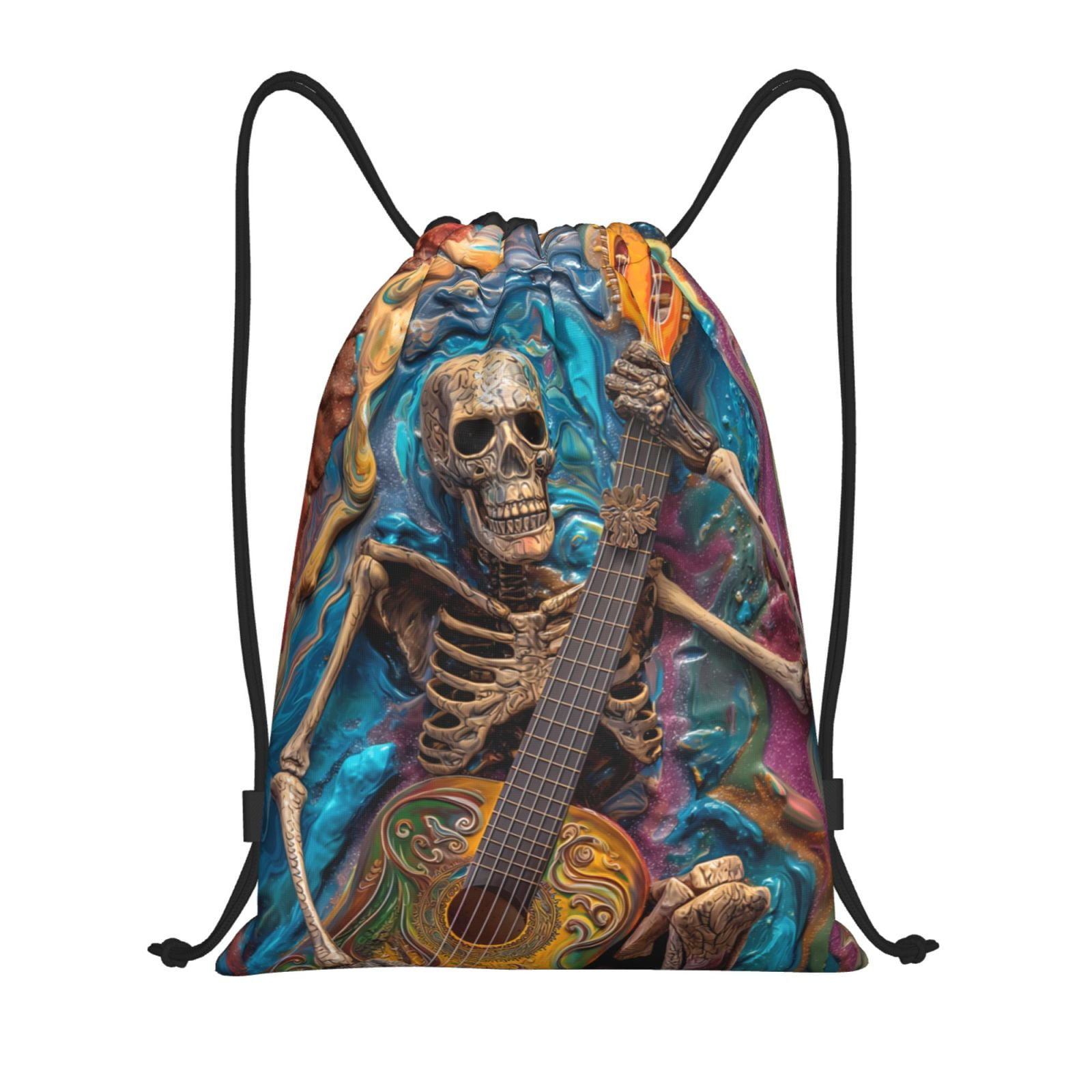 Drawstring Backpack - Colorful Guitar Skull Cheer Gym Bag for Women Men ...