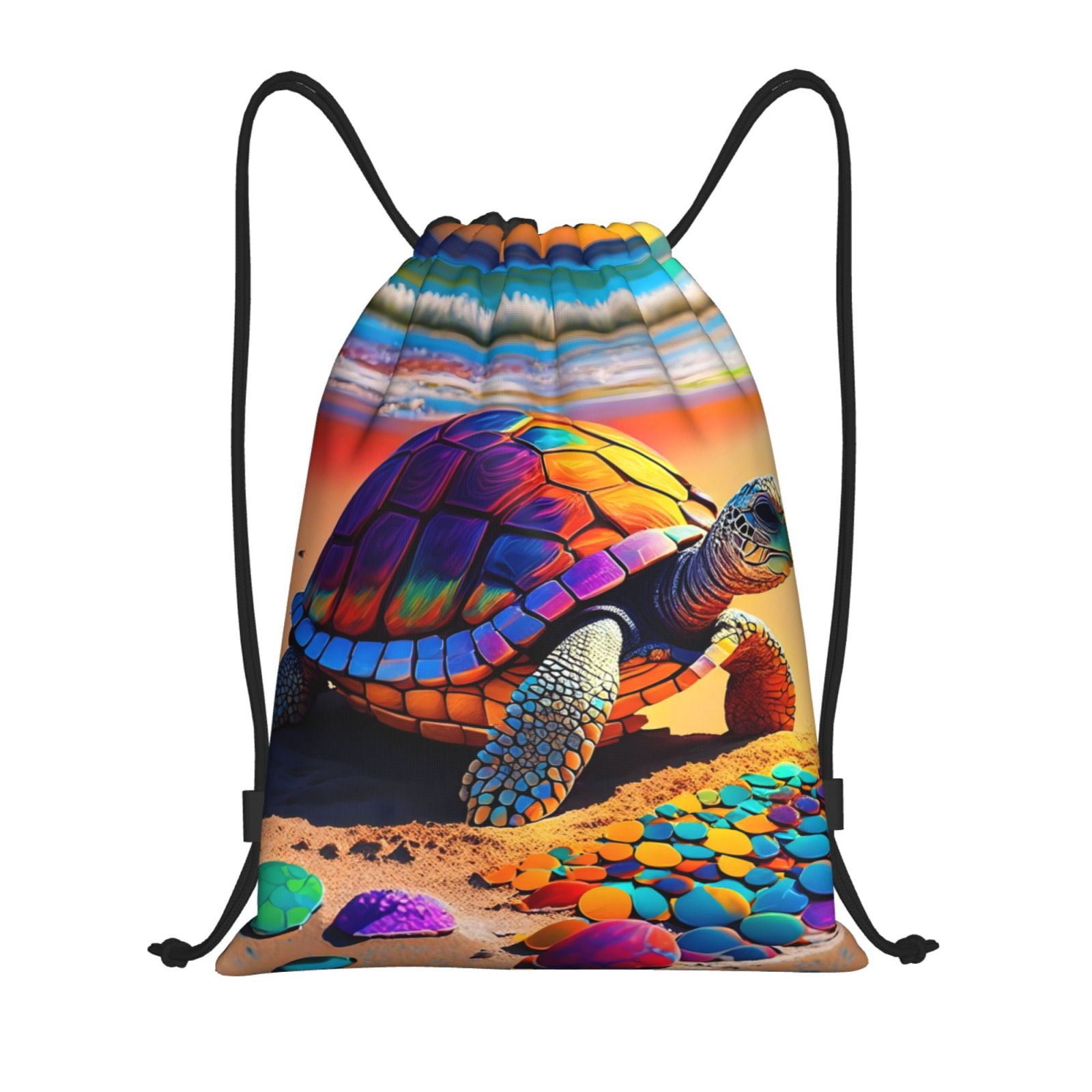 Drawstring Backpack, Colorful Turtle on Beach Light Waterproof Sports ...