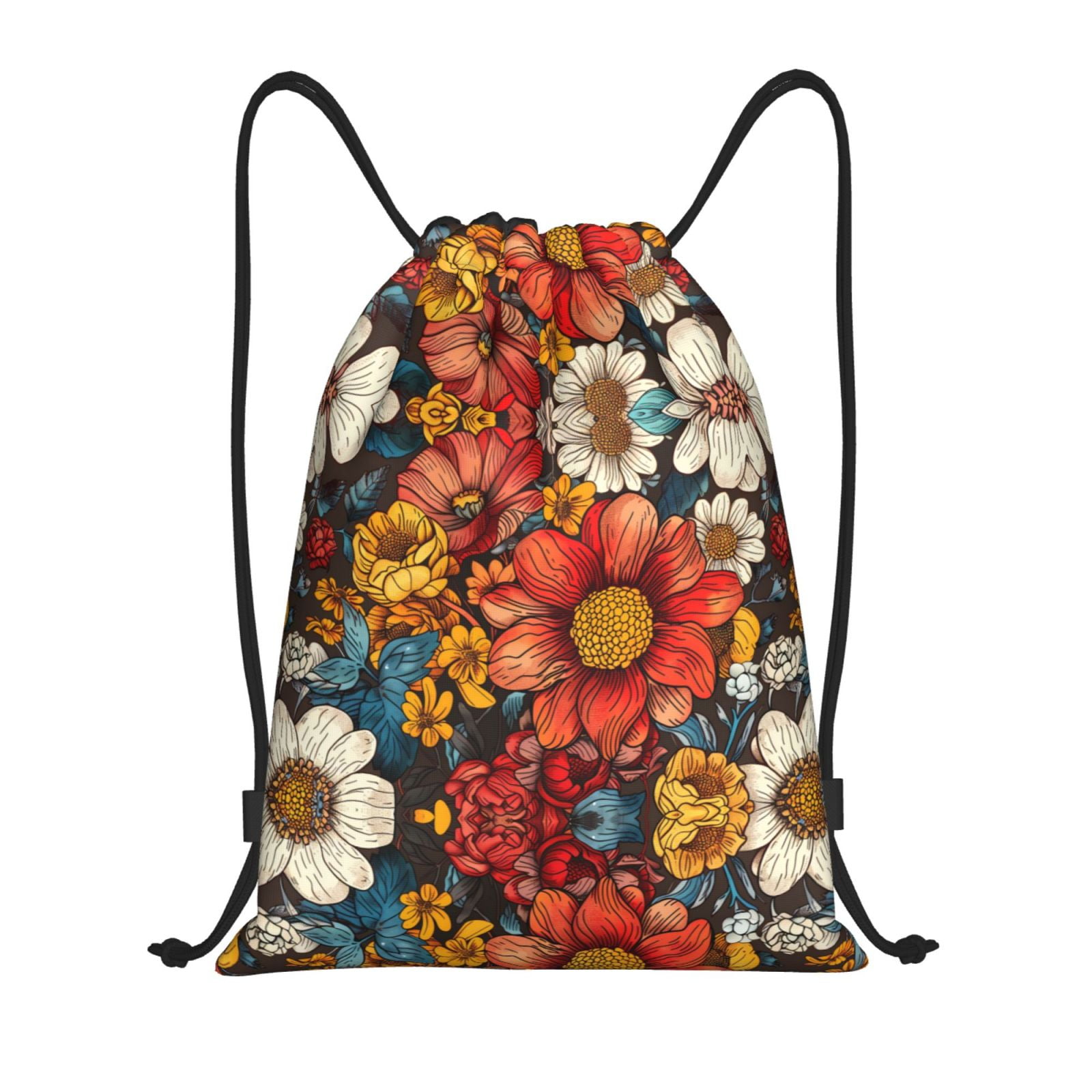 Drawstring Backpack Colorful Vintage Floral Pattern Sports Gym Bag for ...