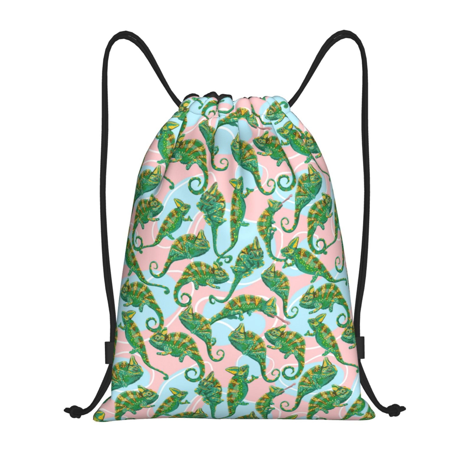 Drawstring Backpack, Cute Chameleon Lizard Green Light Waterproof ...