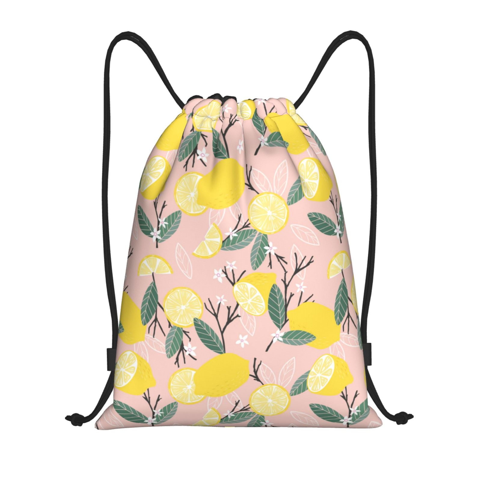 Drawstring Backpack - Cute Lemon Green Leaves Pink Splash Proof Small ...