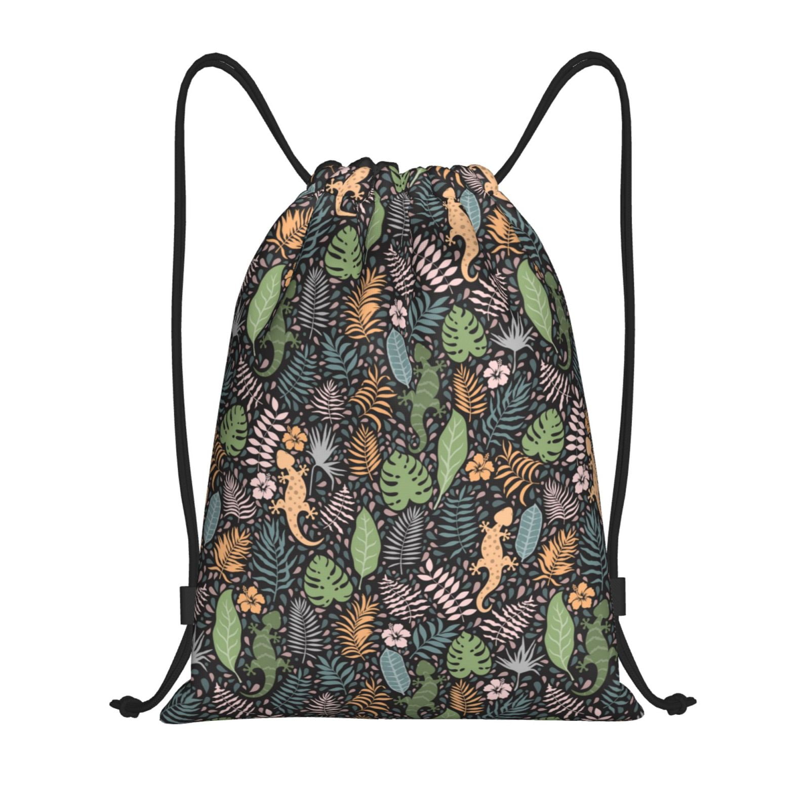 Drawstring Backpack - Cute Lizard Gecko Tropical Plant Splash Proof ...
