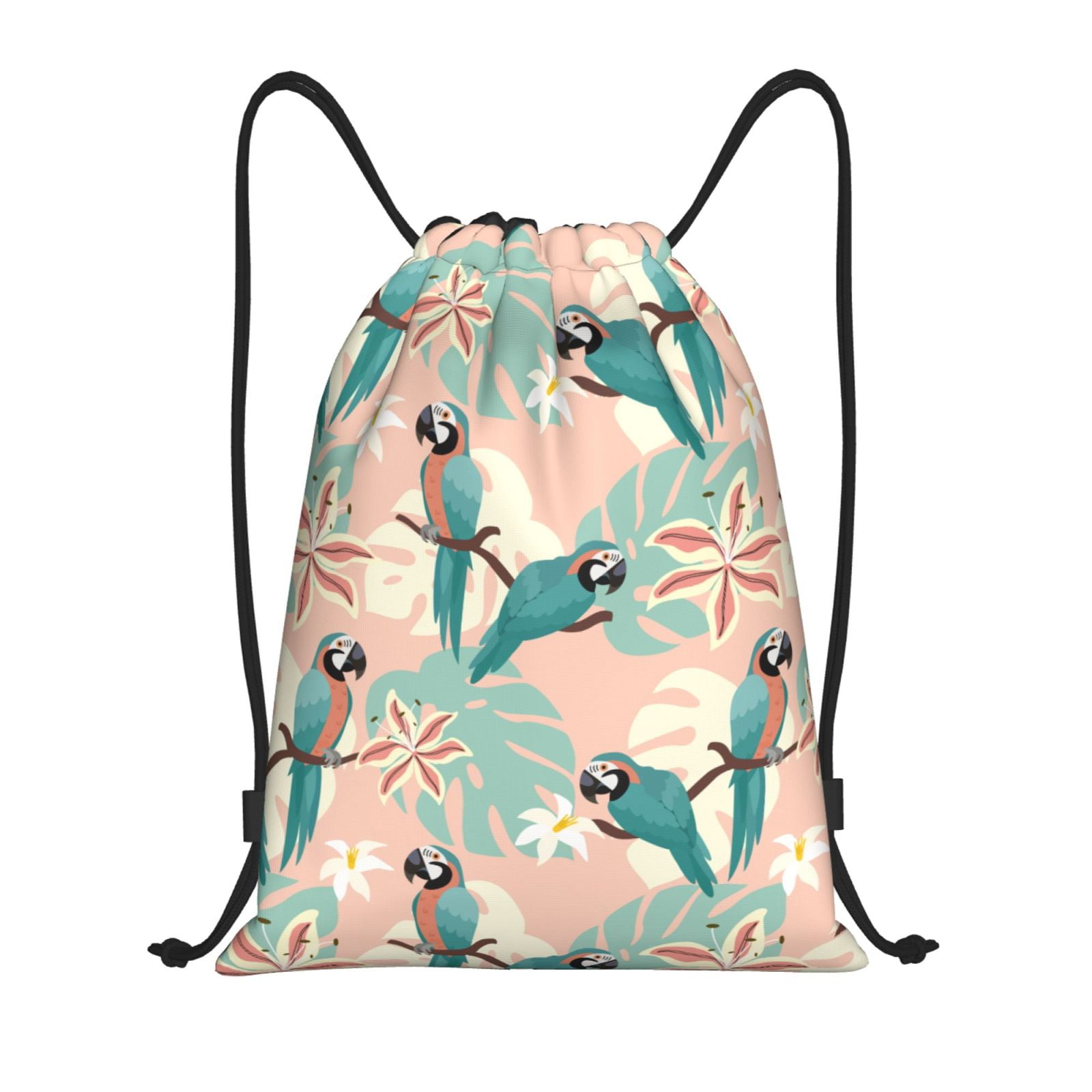 Drawstring Backpack - Cute Macaw Monstera Flower Splash Proof Small ...