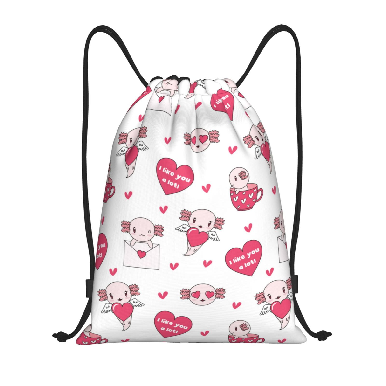Drawstring Backpack, Cute Valentine Axolotl cup heart Light Waterproof ...