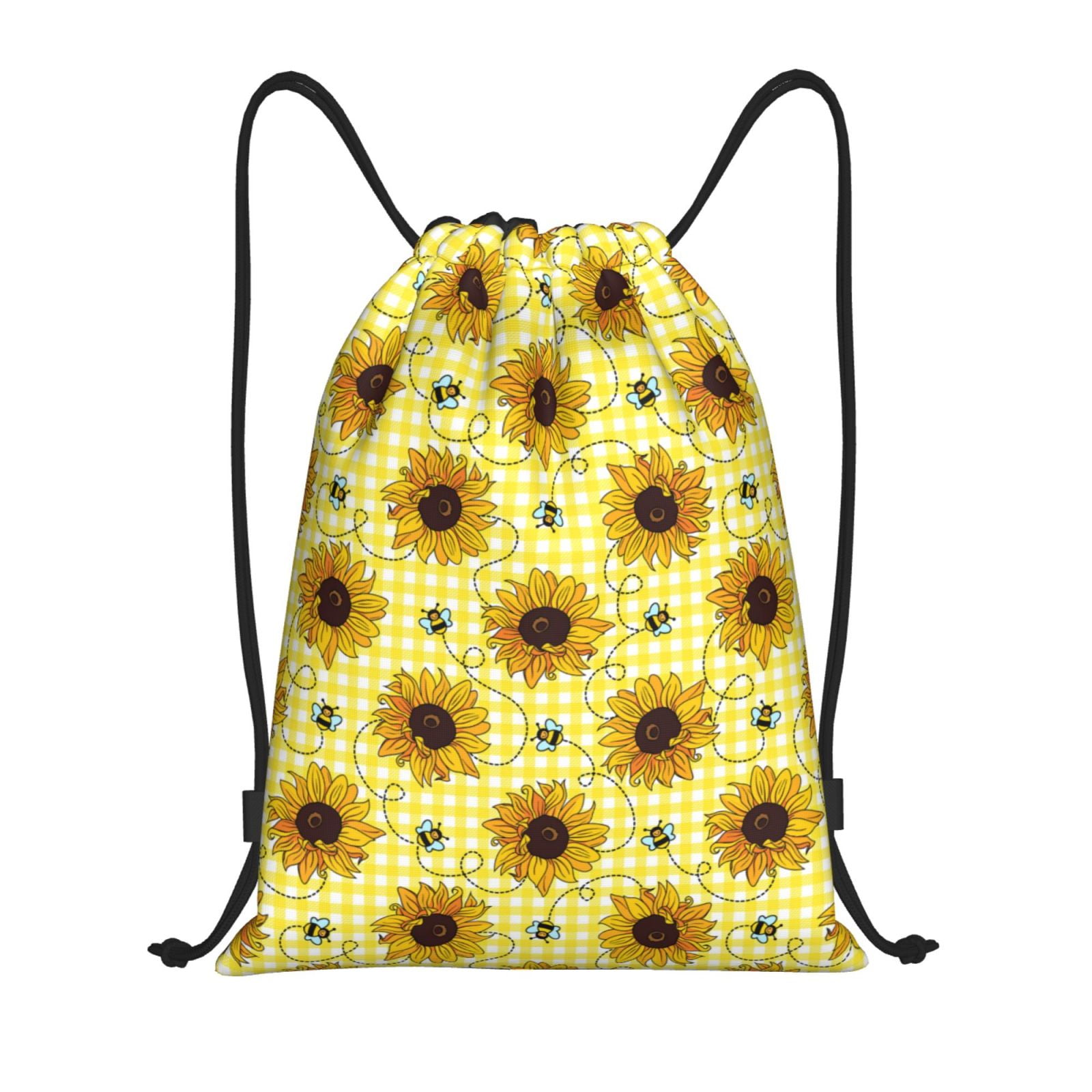 Drawstring Backpack Cute bees sunflowers checkered Sports Gym Bag for ...