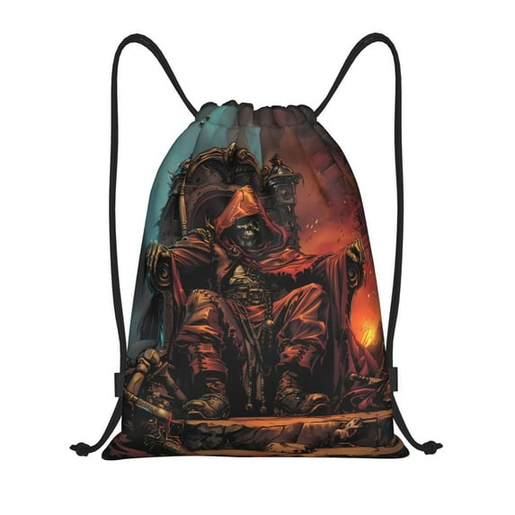 Drawstring Backpack - Dark Skull King Throne Splash Proof Small ...
