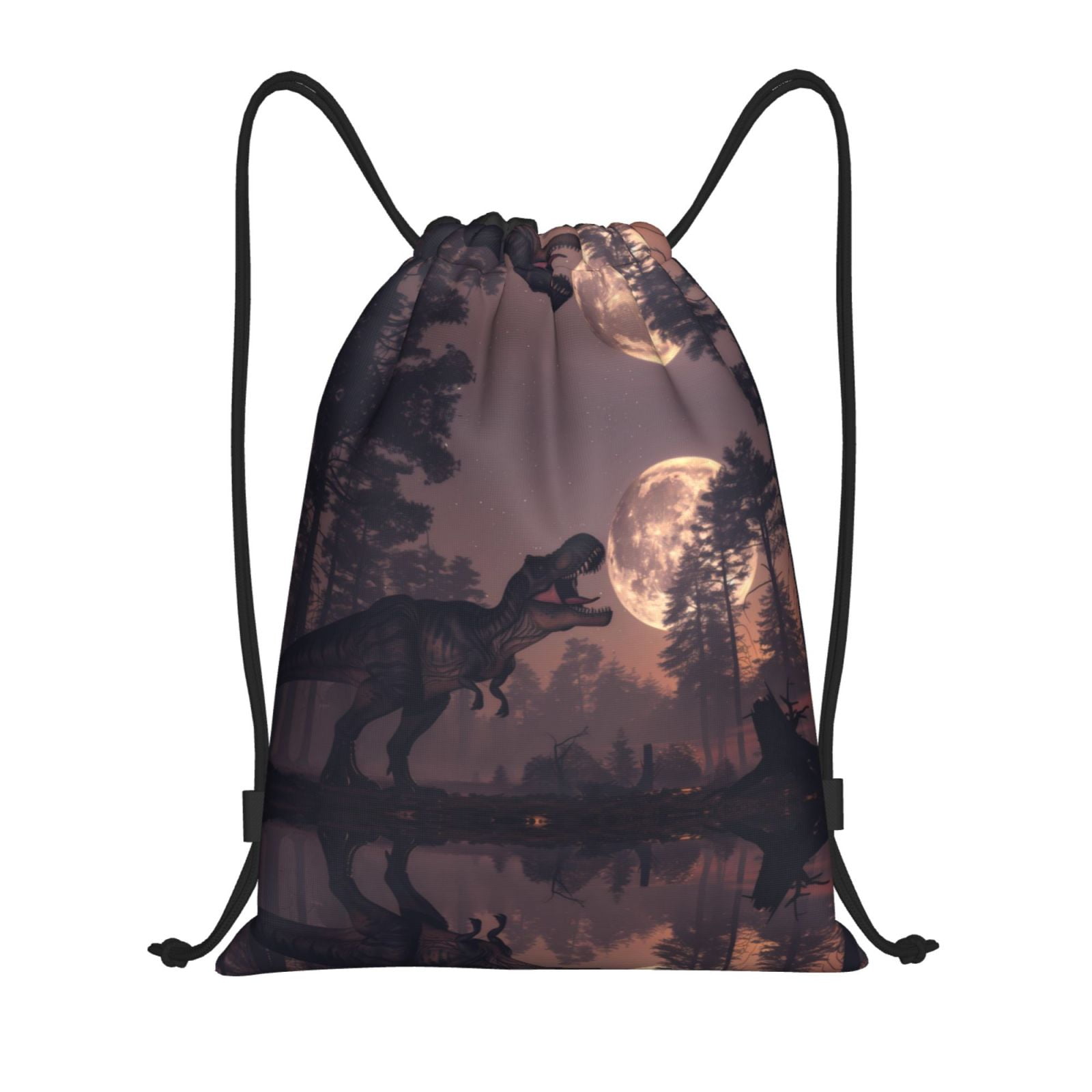 Drawstring Backpack, Dinosaur Moonlit Forest Light Waterproof Sports ...