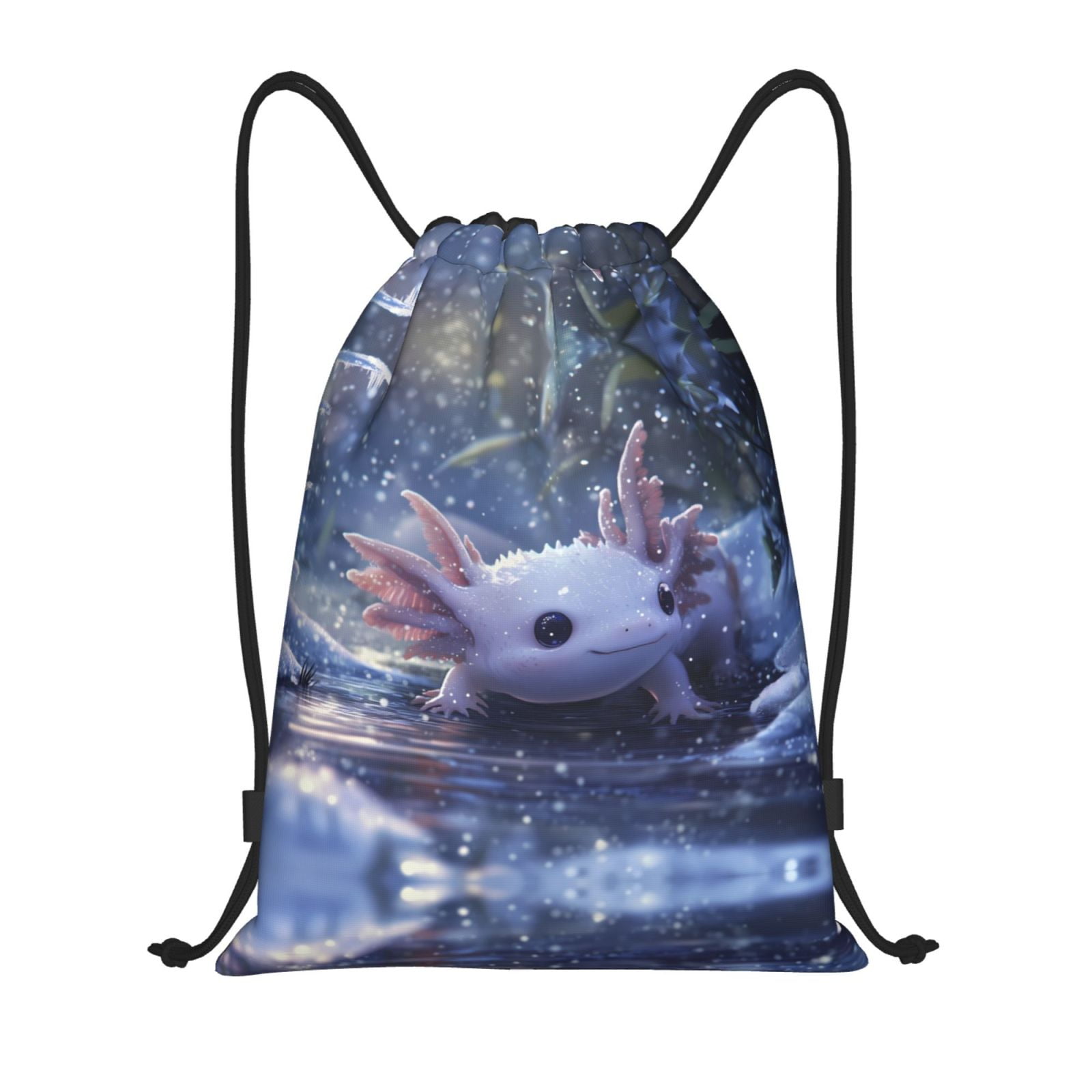 Drawstring Backpack - Enchanting Snowy Axolotl Splash Proof Small ...