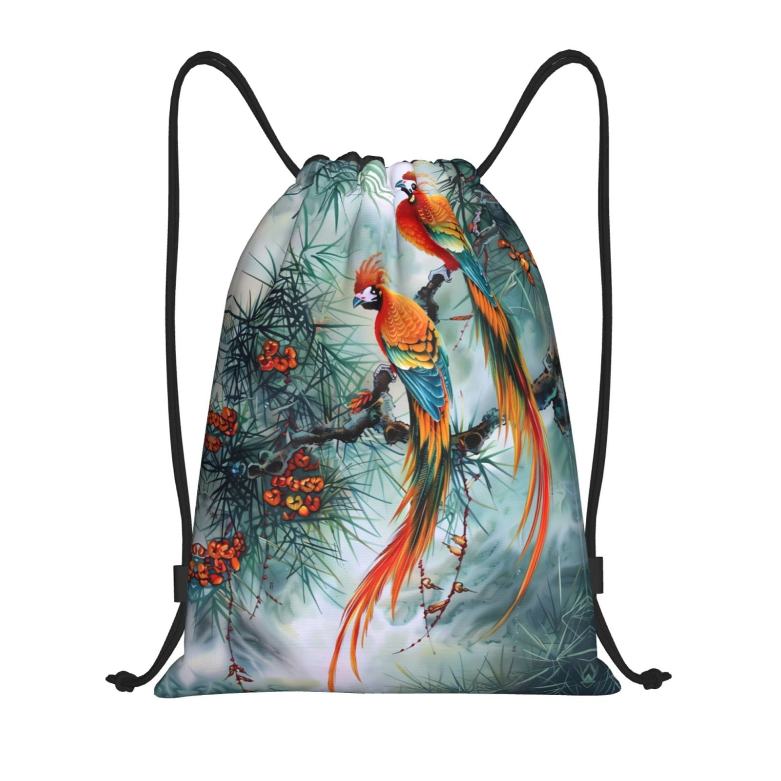 Drawstring Backpack, Exotic Birds Forest Light Waterproof Sports Gym ...