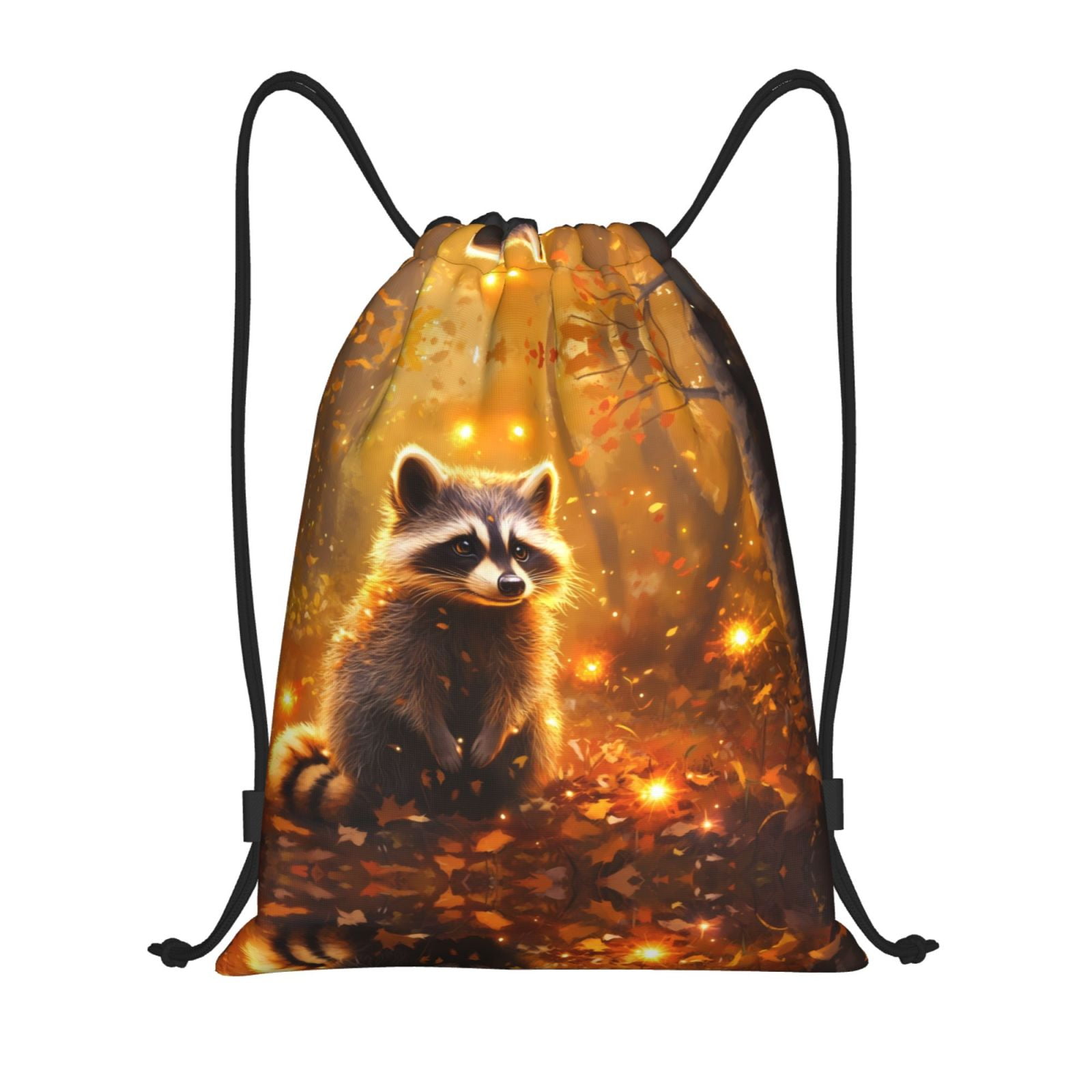 Drawstring Backpack - Fall Raccoon Glowing Leaves Gym Bag for Women Men ...