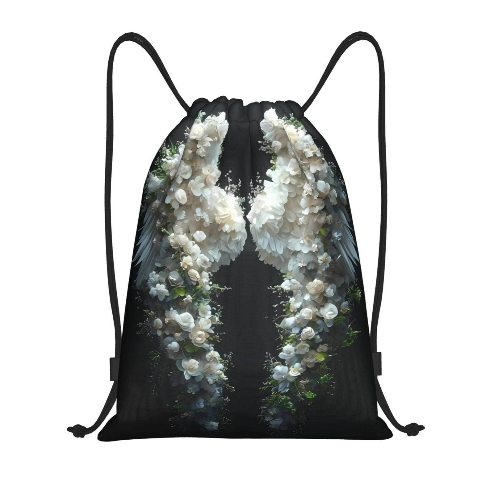 Drawstring Backpack, Floral Angelic White Wings Light Waterproof Sports ...