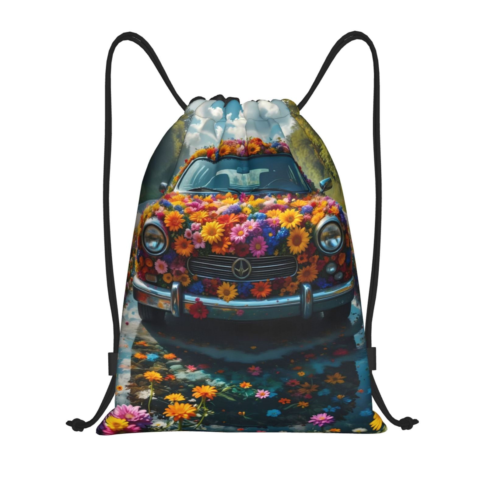 Drawstring Backpack, Flower Covered Vintage Car Light Waterproof Sports ...