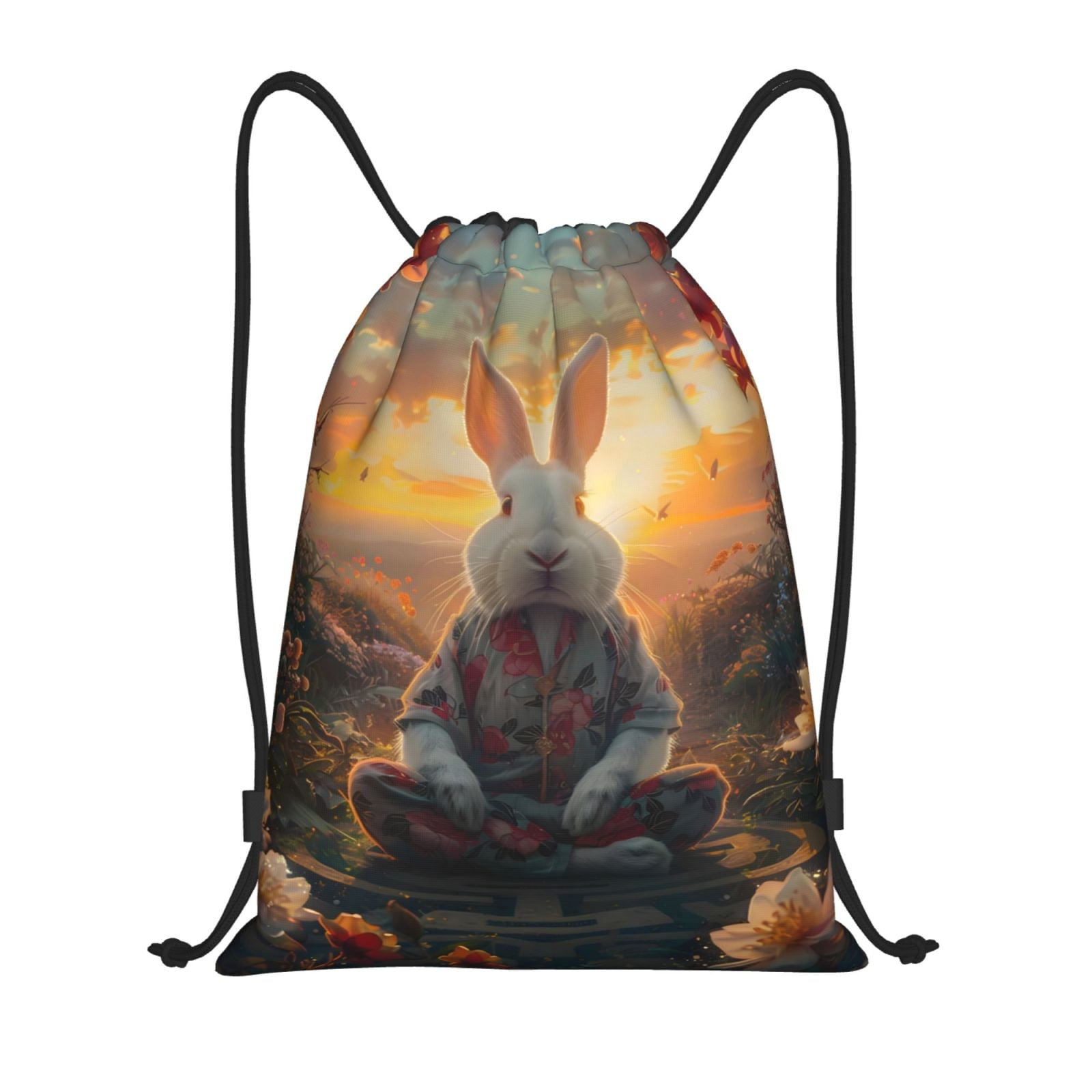Drawstring Backpack - Flower Meditating Rabbit Splash Proof Small ...