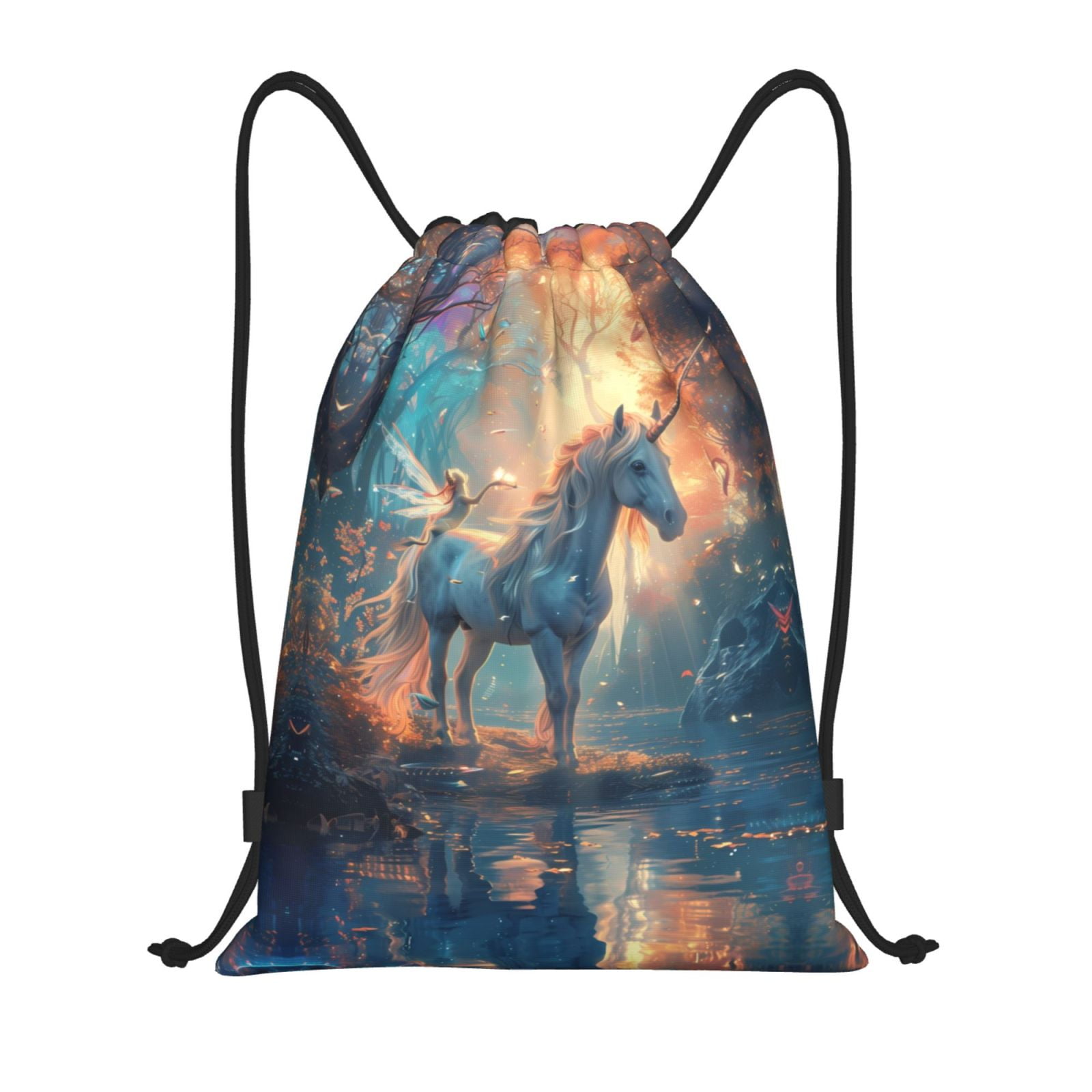 Drawstring Backpack, Forest Lake White Horse Light Waterproof Sports ...