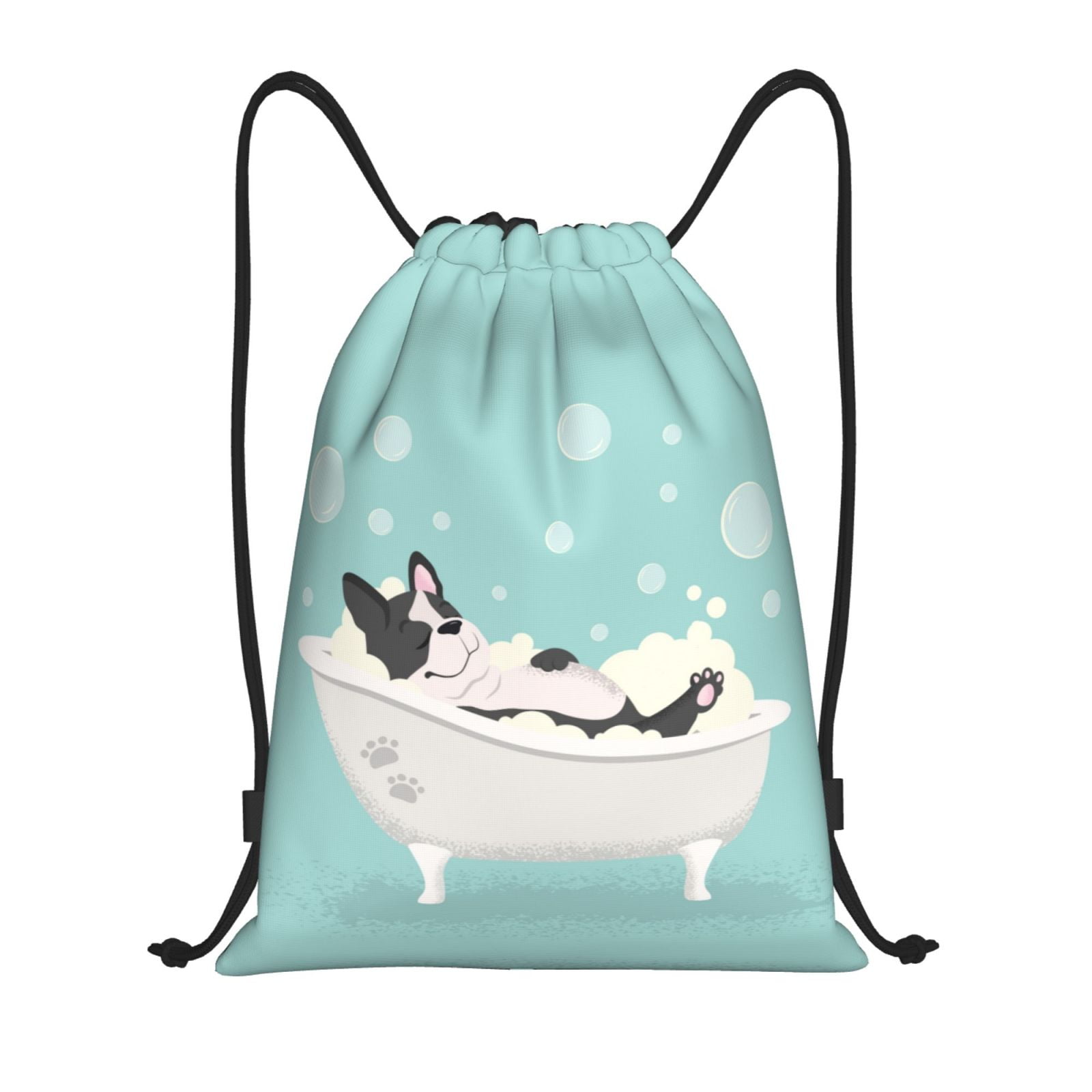 Drawstring Backpack, French Bulldog Taking a Bath Light Waterproof ...