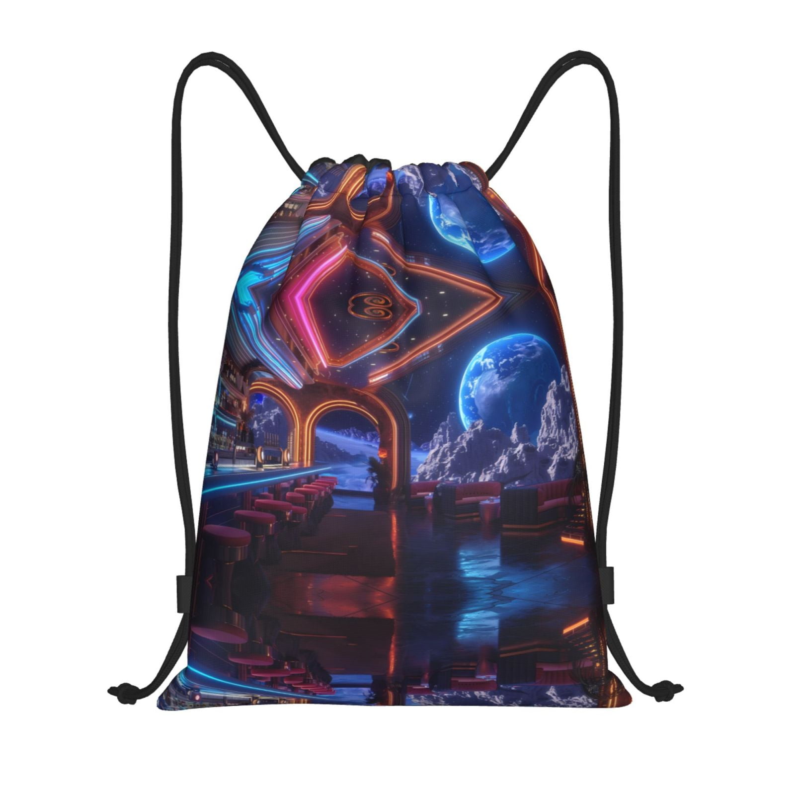 Drawstring Backpack, Futuristic Bar Space View Light Waterproof Sports ...