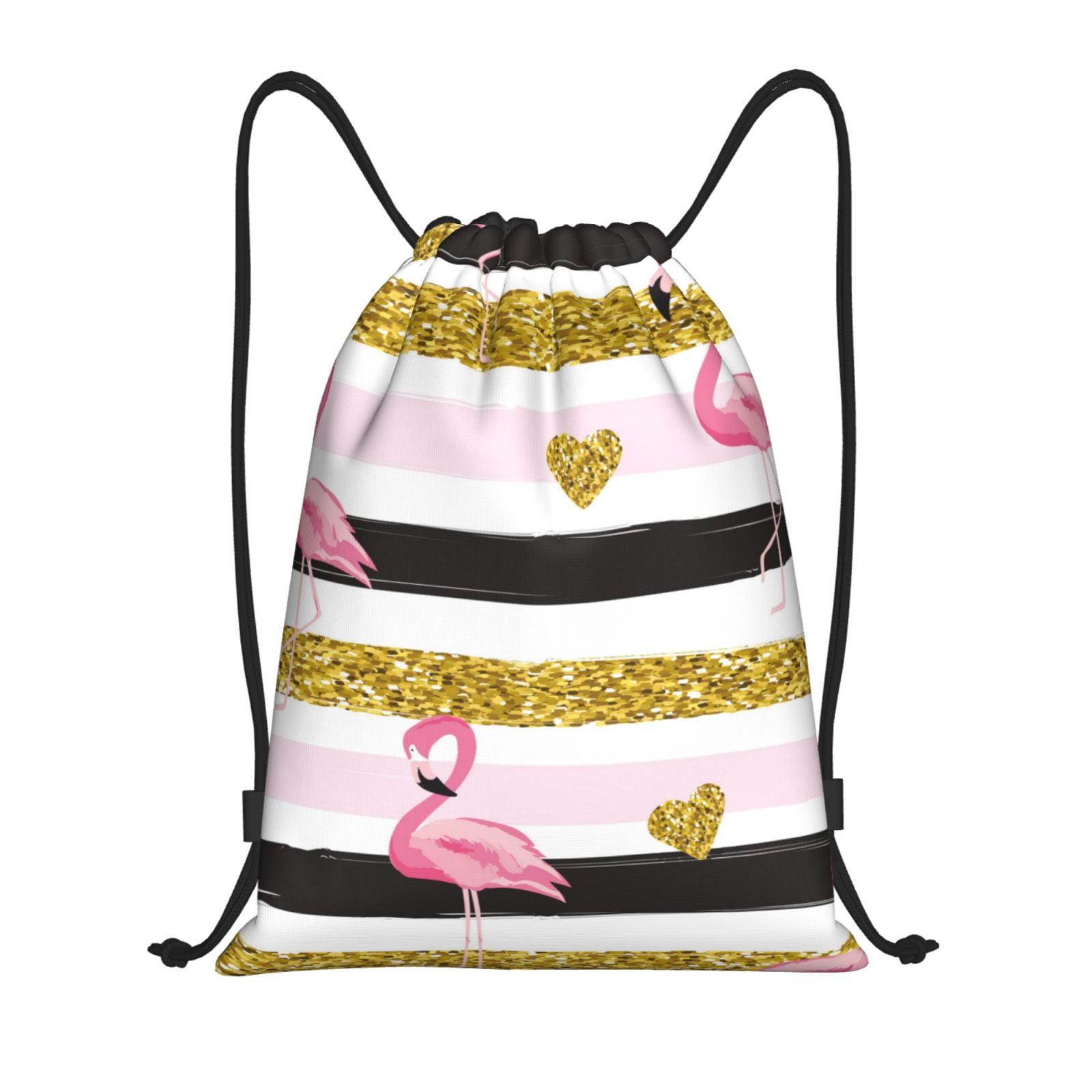 Drawstring Backpack Gold Glittering Hearts and Flamingos Sports Gym Bag ...