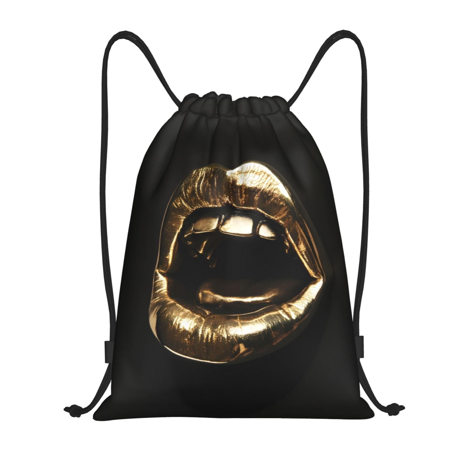 Drawstring Backpack - Golden Lips Modern Sculpture Splash Proof Small ...