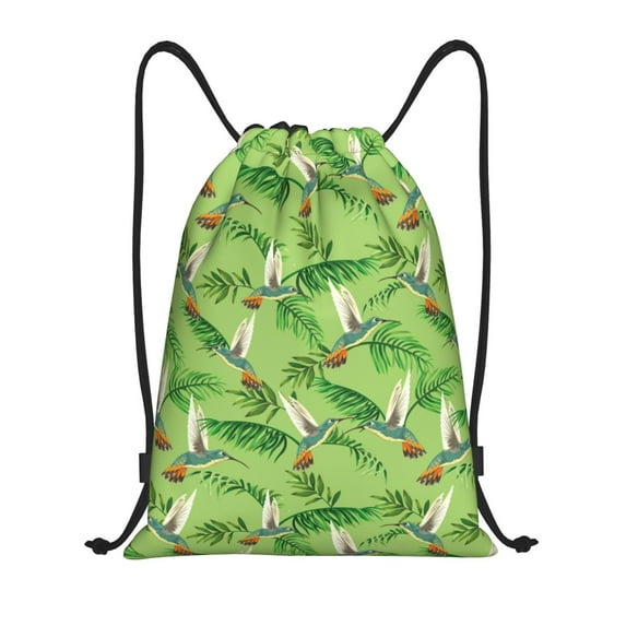 Drawstring Backpack, Green Hummingbird Palm Leaf Light Waterproof ...