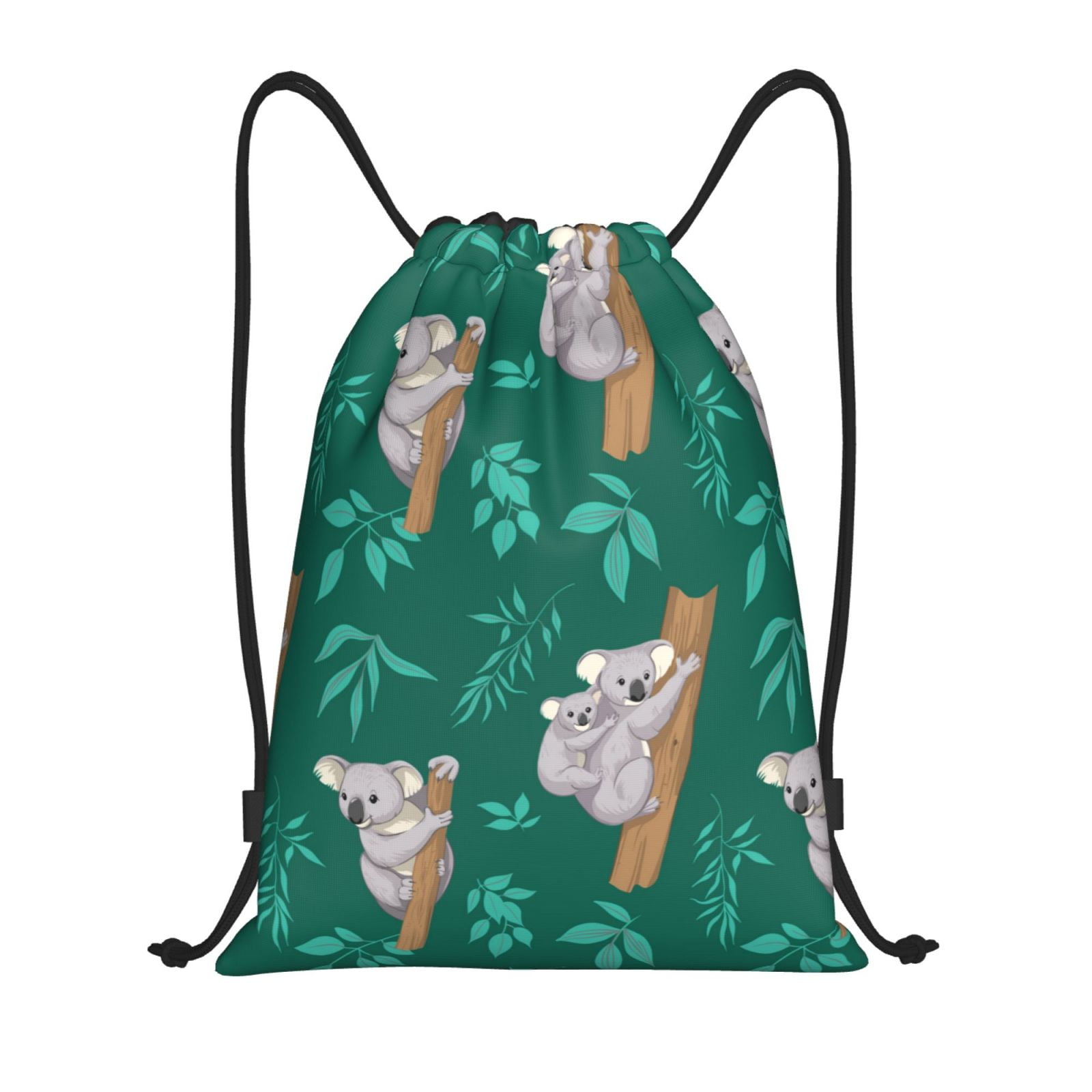 Drawstring Backpack, Green Leaf Gray Koala Print Light Waterproof ...