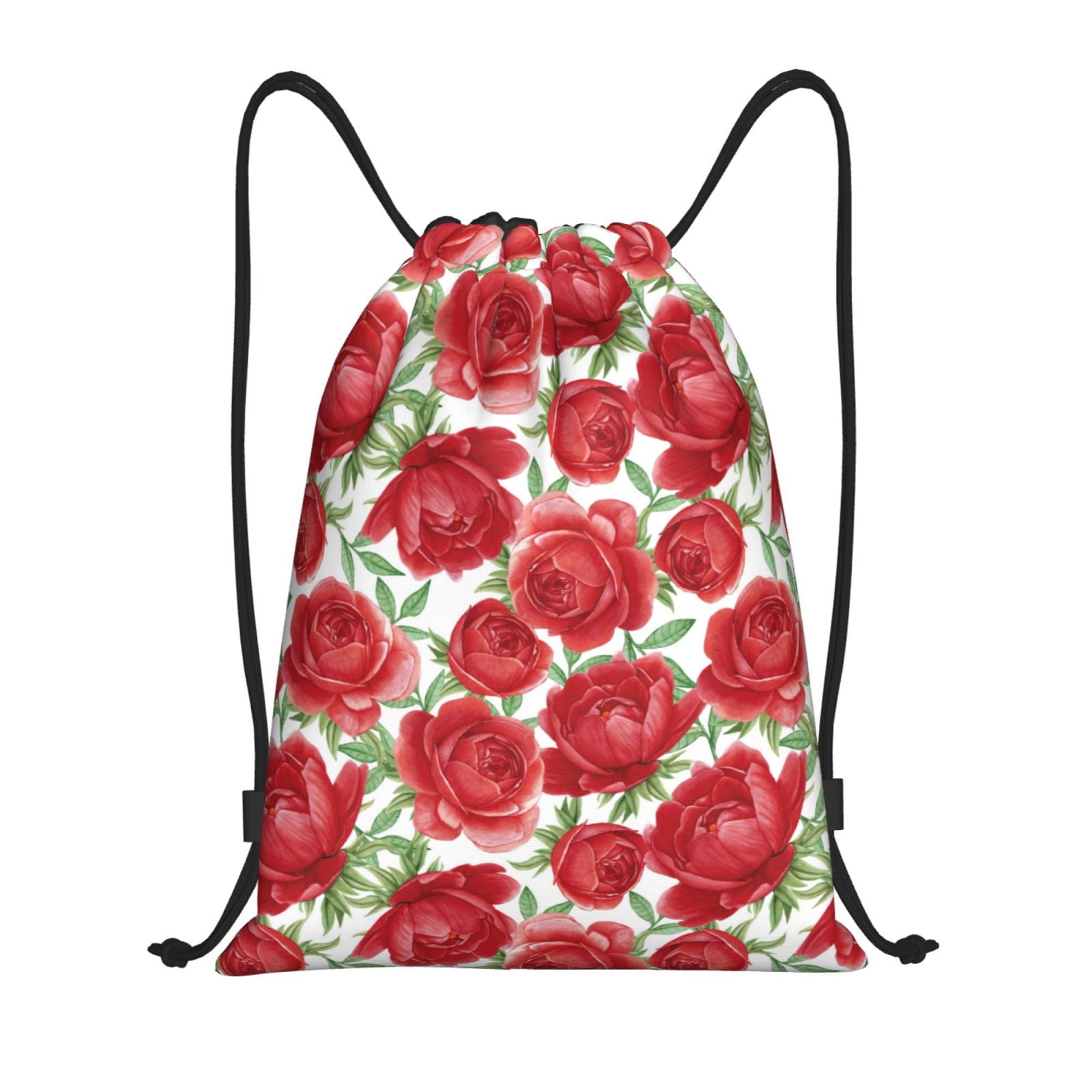 Drawstring Backpack - Green Leaves Rose Flowers Splash Proof Small ...