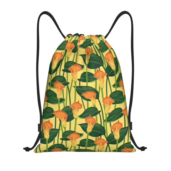 Drawstring Backpack, Green LeavesCalla Lily Flowers Light Waterproof ...