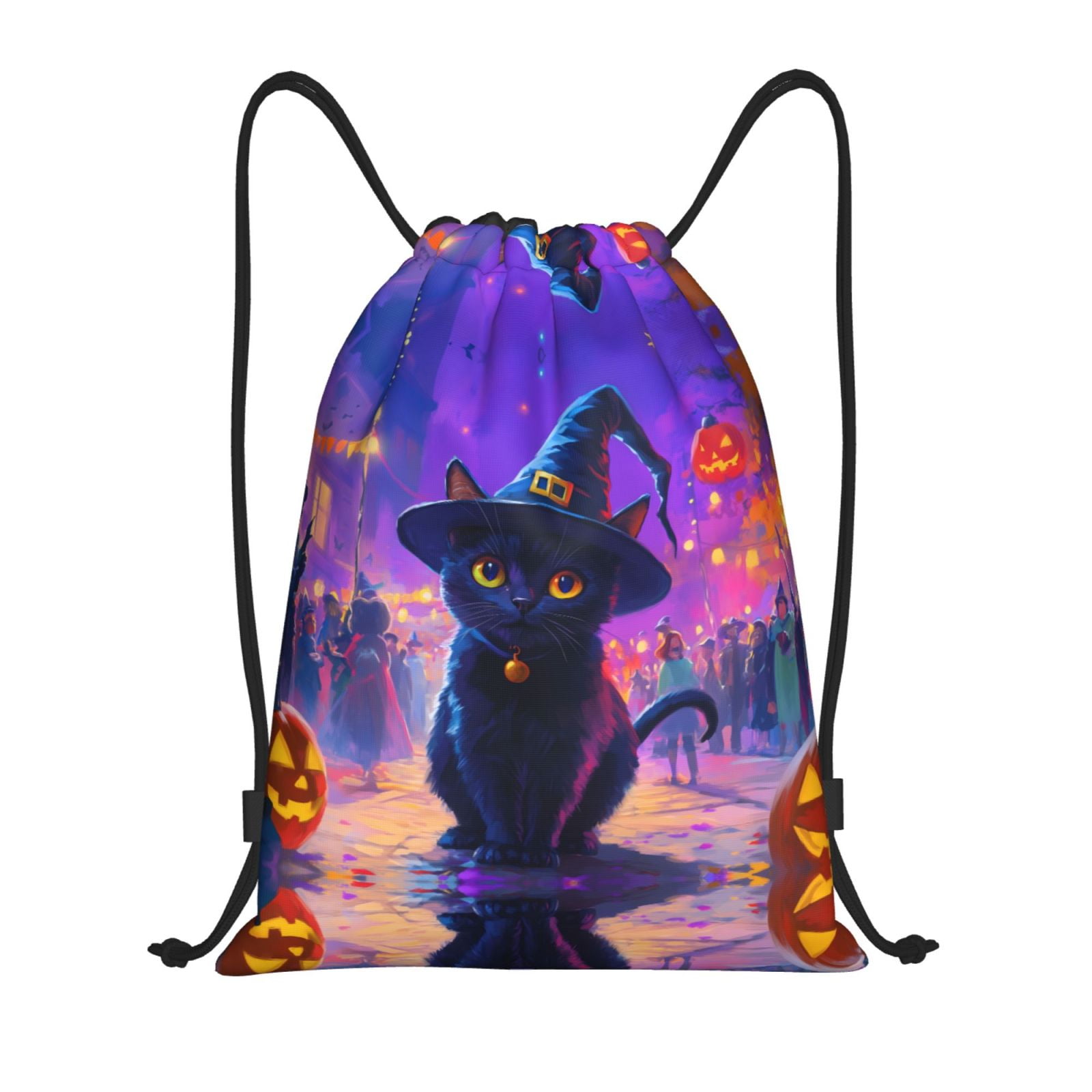 Drawstring Backpack, Halloween Cute Black Cat Witch Hat Light ...