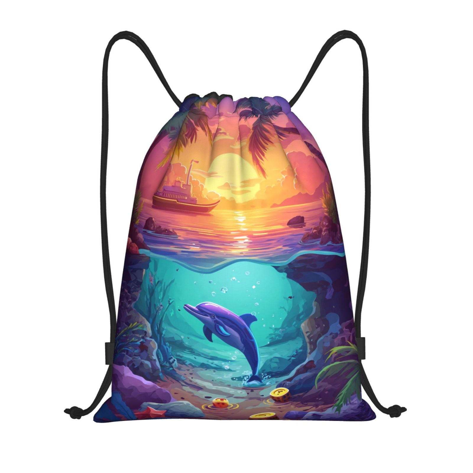 Drawstring Backpack - Hawaiian Island Dolphin Gym Bag for Women Men Water Resistant Drawstring ...
