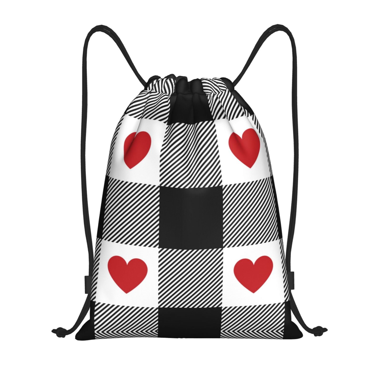 Drawstring Backpack - Heart Black Buffalo Plaid Gingham Splash Proof ...
