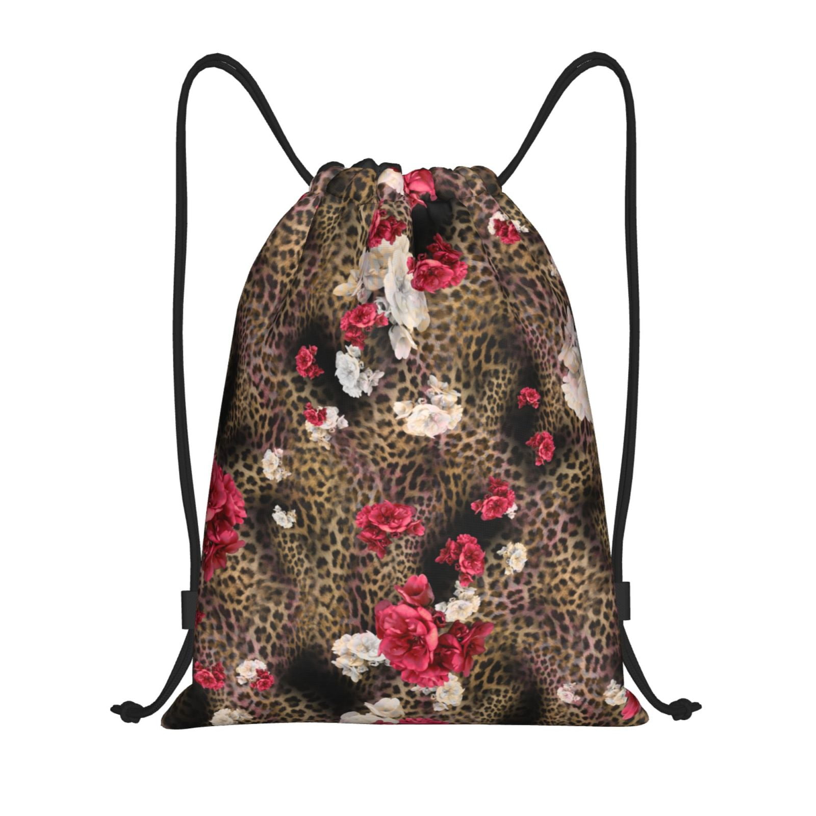 Drawstring Backpack - Leopard And Flowers Splash Proof Small Drawstring ...